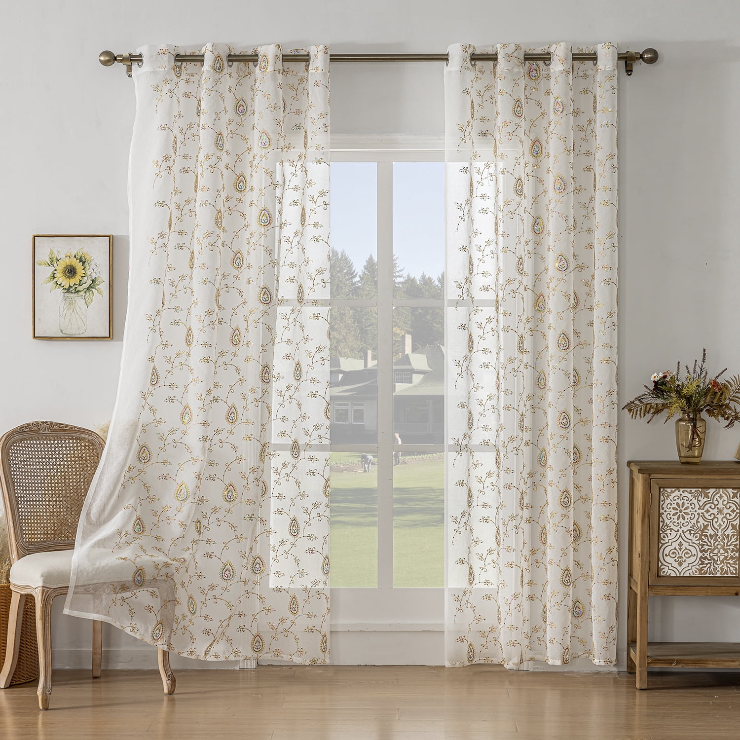 Sunyuer Boho Sheer Curtains Embroidered Floral 2 Panels Set, Vintage ...