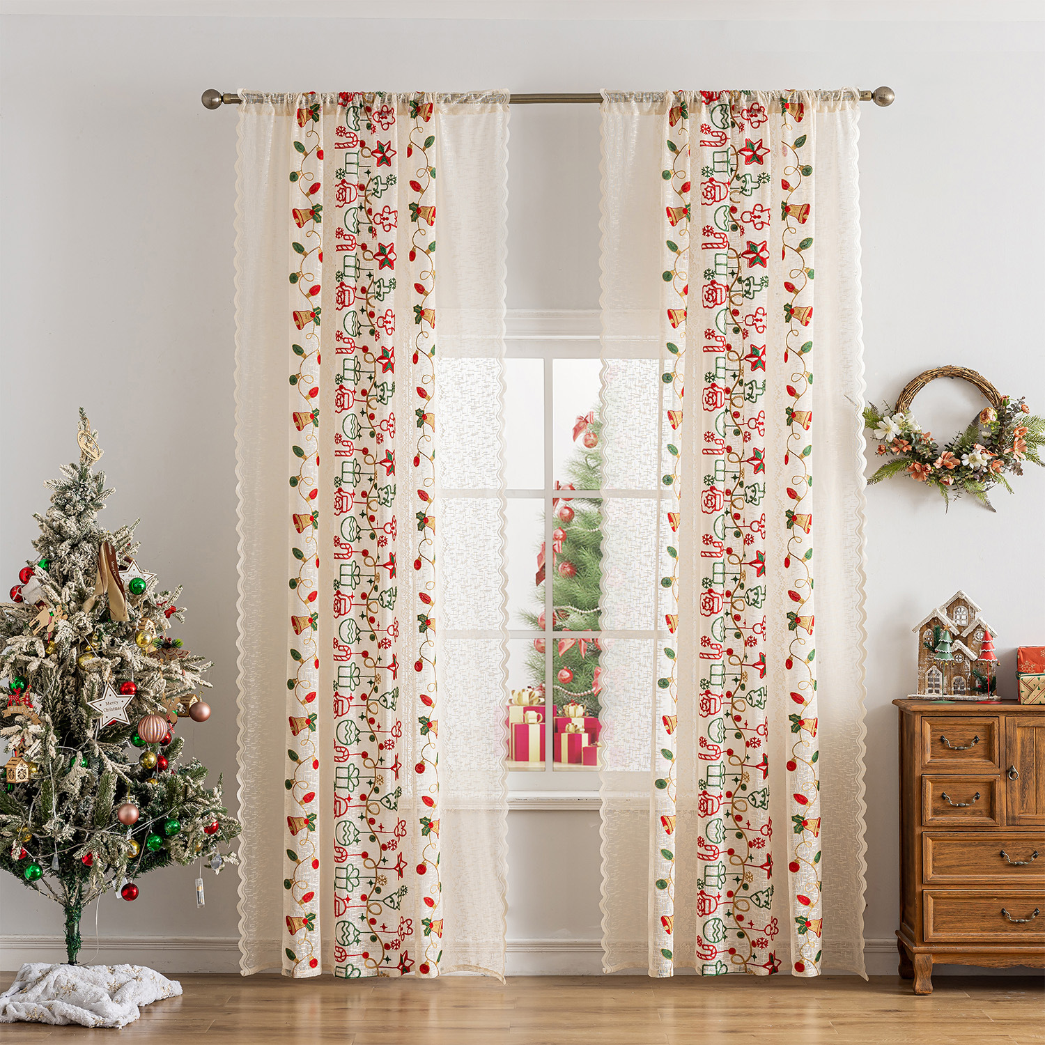 Sunyuer Christmas Lace Curtains, Sheer Panels Embroidery Vintage Voile ...