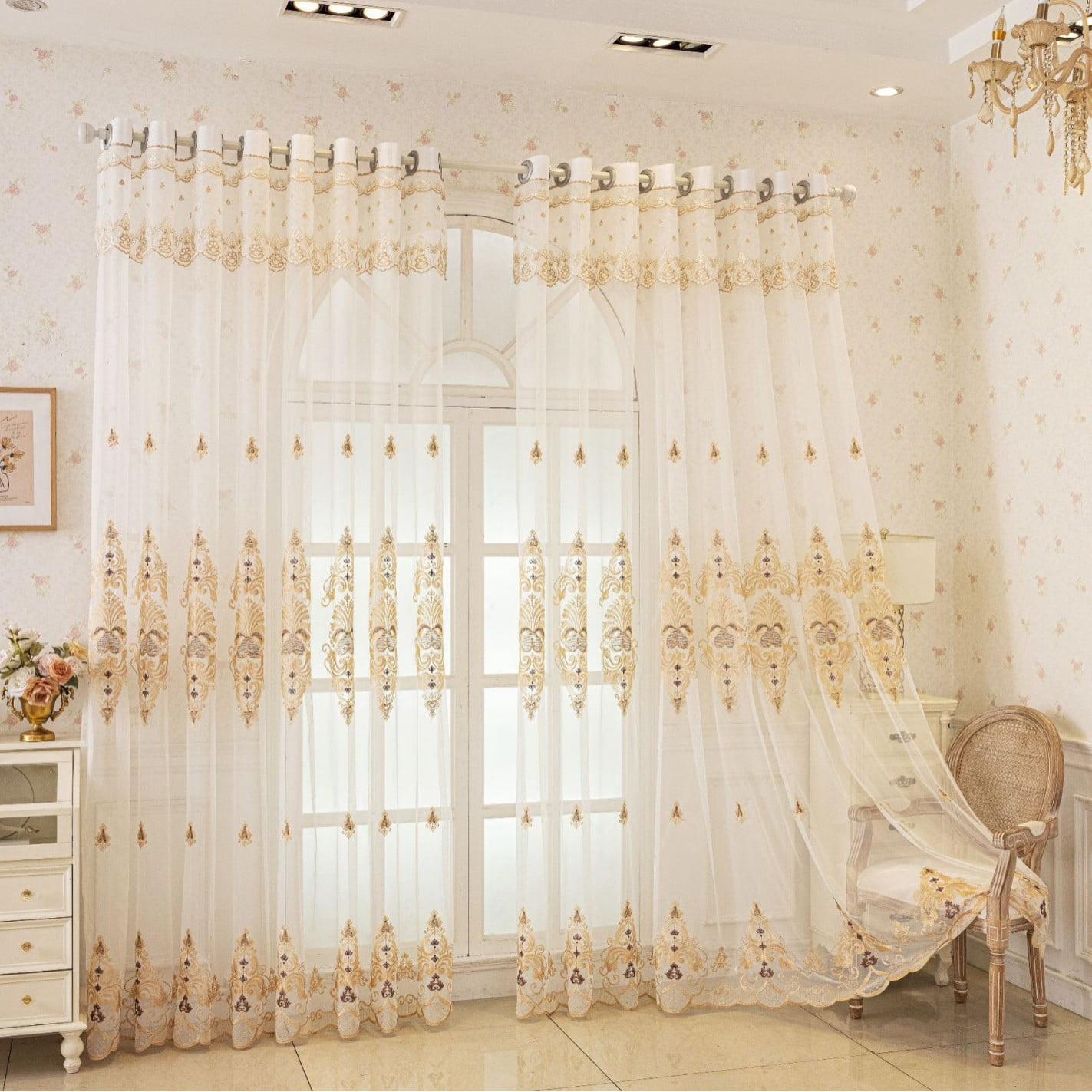 Sunyuer European Style Luxury Gold Floral Embroidered Curtain for ...