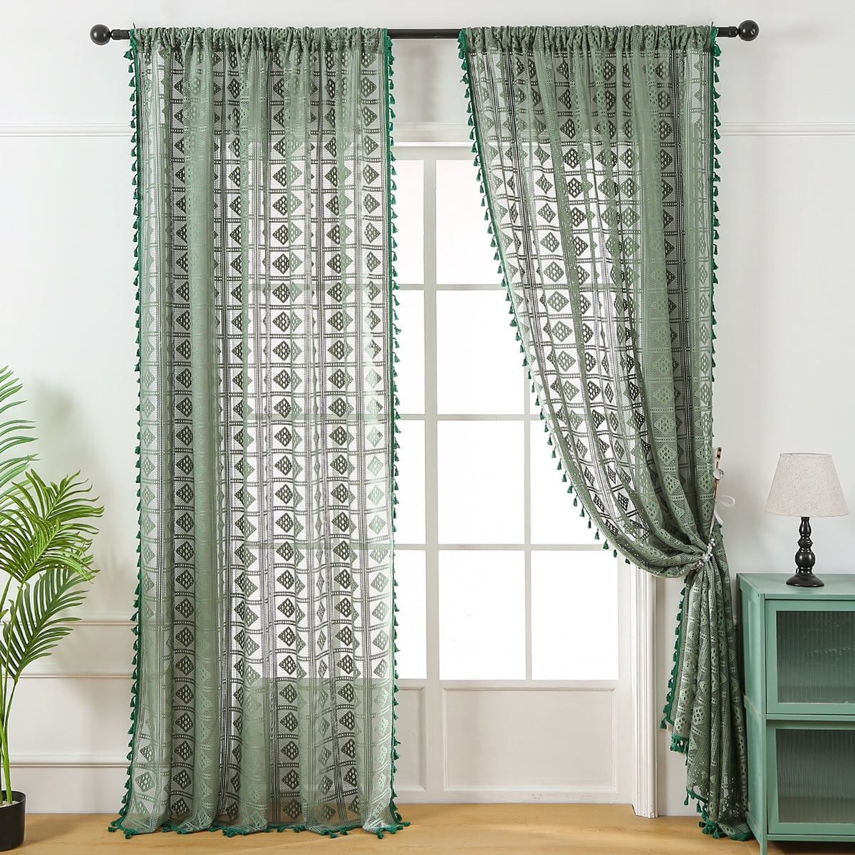 Sunyuer Green Boho Textured Tassel Sheer Lace Curtains, Chic Crochet ...