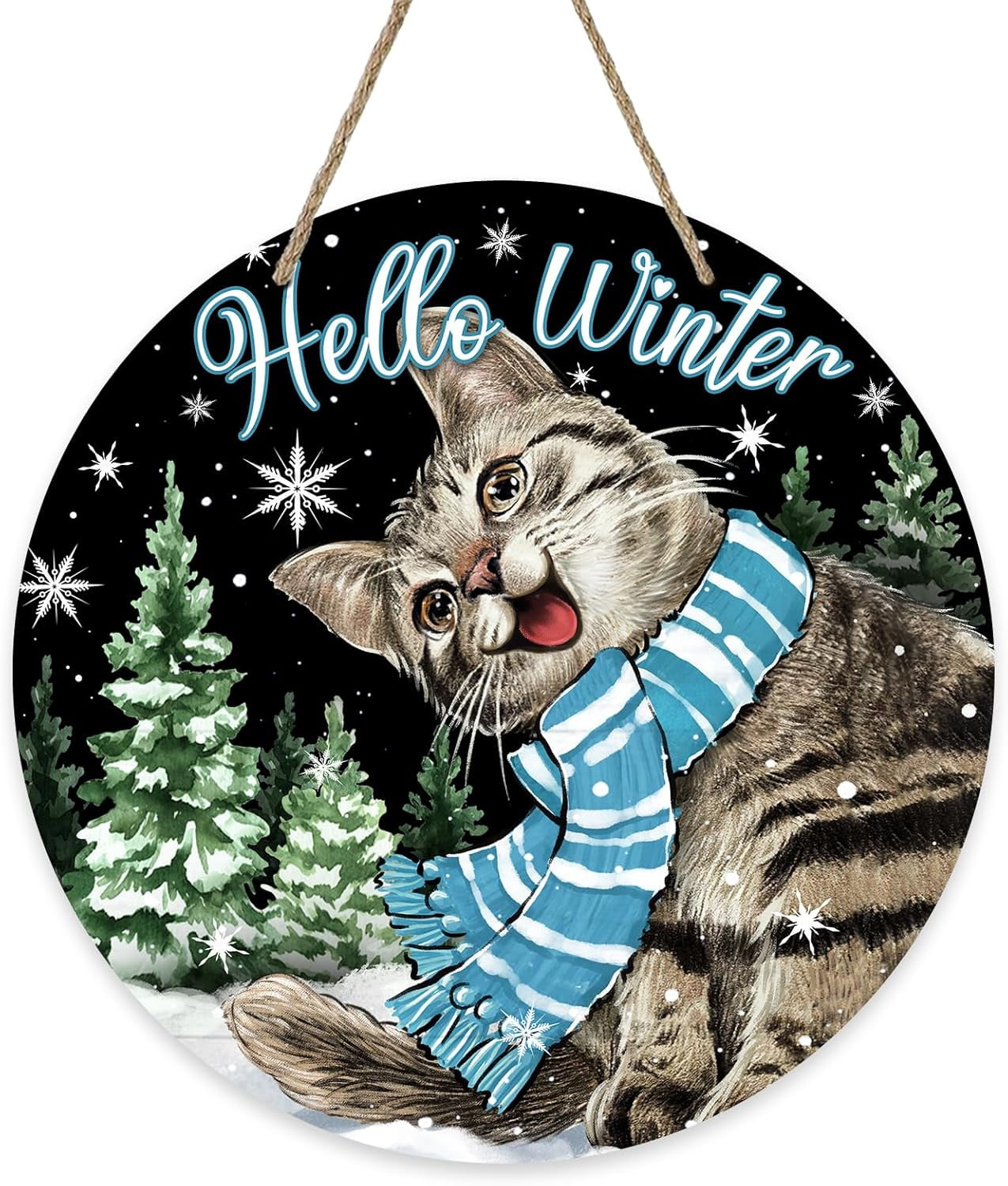 Sunyuer Hello Winter Cat Black Front Door Sign, Kitty Kitten Pine Tree ...