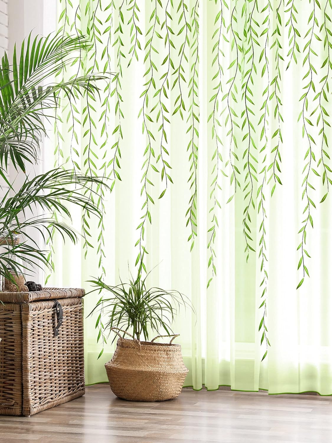 Sunyuer Leaf Sheer Curtains 2 Panels, Vine Patterned Green Sheers Rod ...