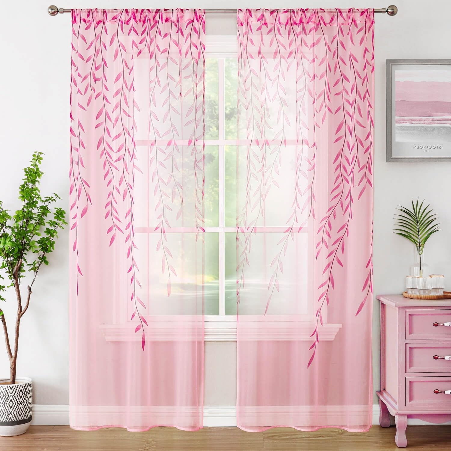 Sunyuer Pink Curtains for Girls Bedroom Voile, Cute Willow Pattern Kid ...