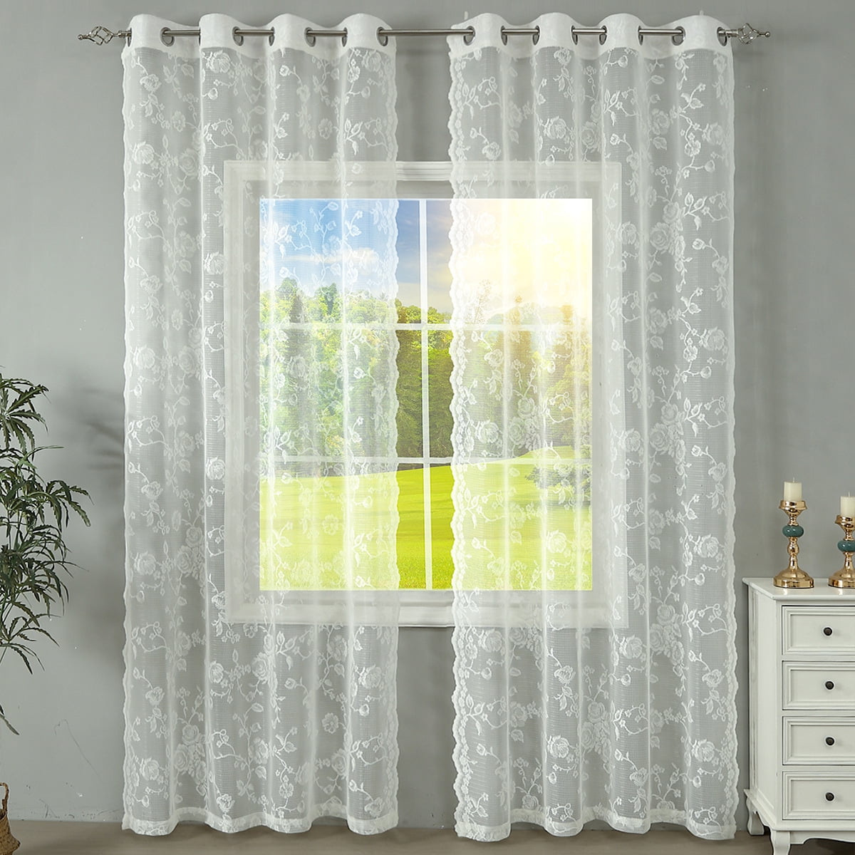 Sunyuer Rose Lace Curtains for Bedroom, Rustic Vintage Floral Lace ...