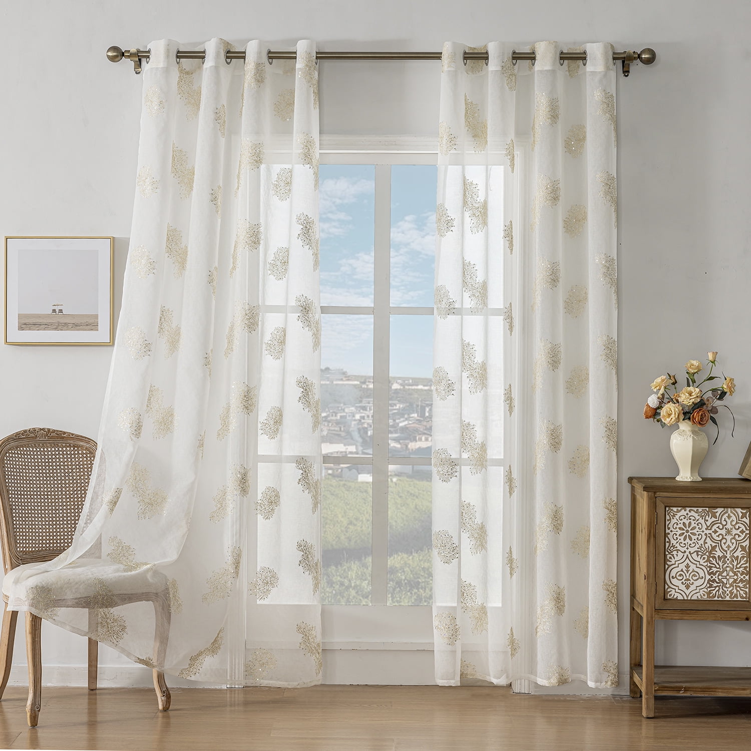 Sunyuer Sheer Curtains 2 Panel Sets, Sequin Floral Embroidered Luxury Grommet Window Curtain ...