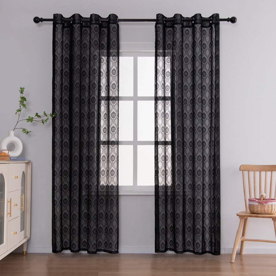 Sunyuer Sheer Curtains 2 Panels Set, Farmhouse Floral Jacquard Grommet ...