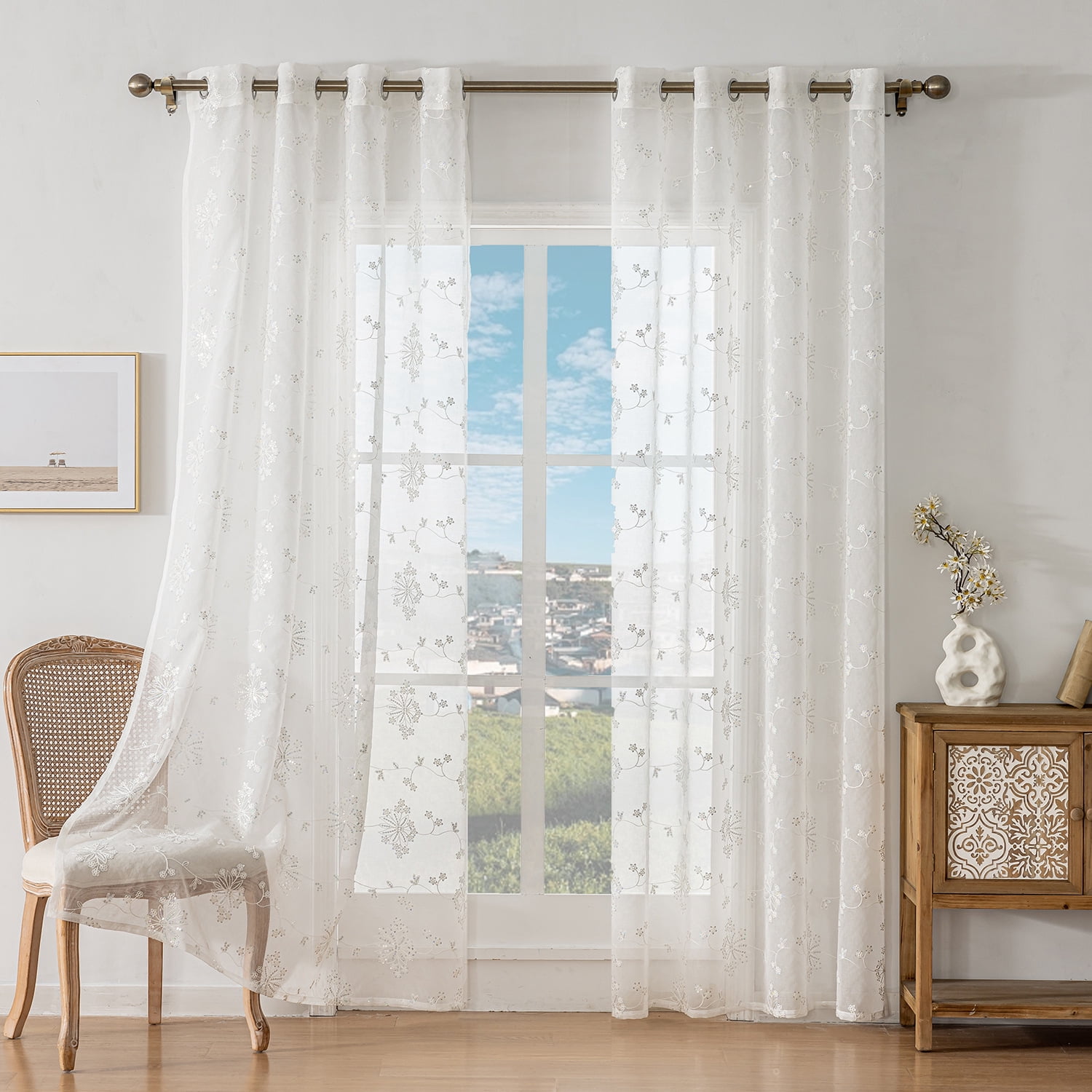 Sunyuer White Sheer Curtains 2 Panel Sets, Sequin Floral Embroidered ...