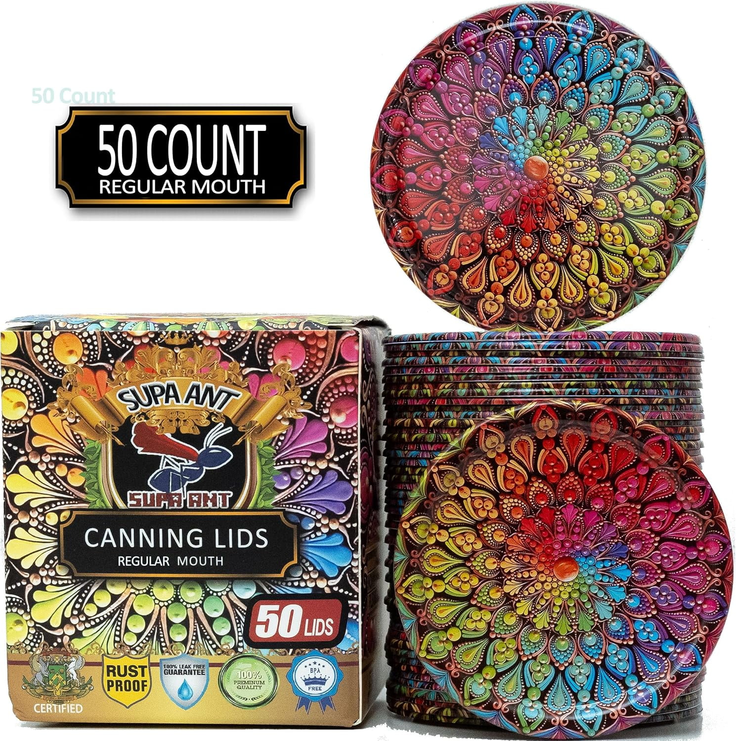 Supa Ant Regular Mouth Canning Jar Lids, Rust Buckle and Leak Proof, 50 Count (Mandala ...