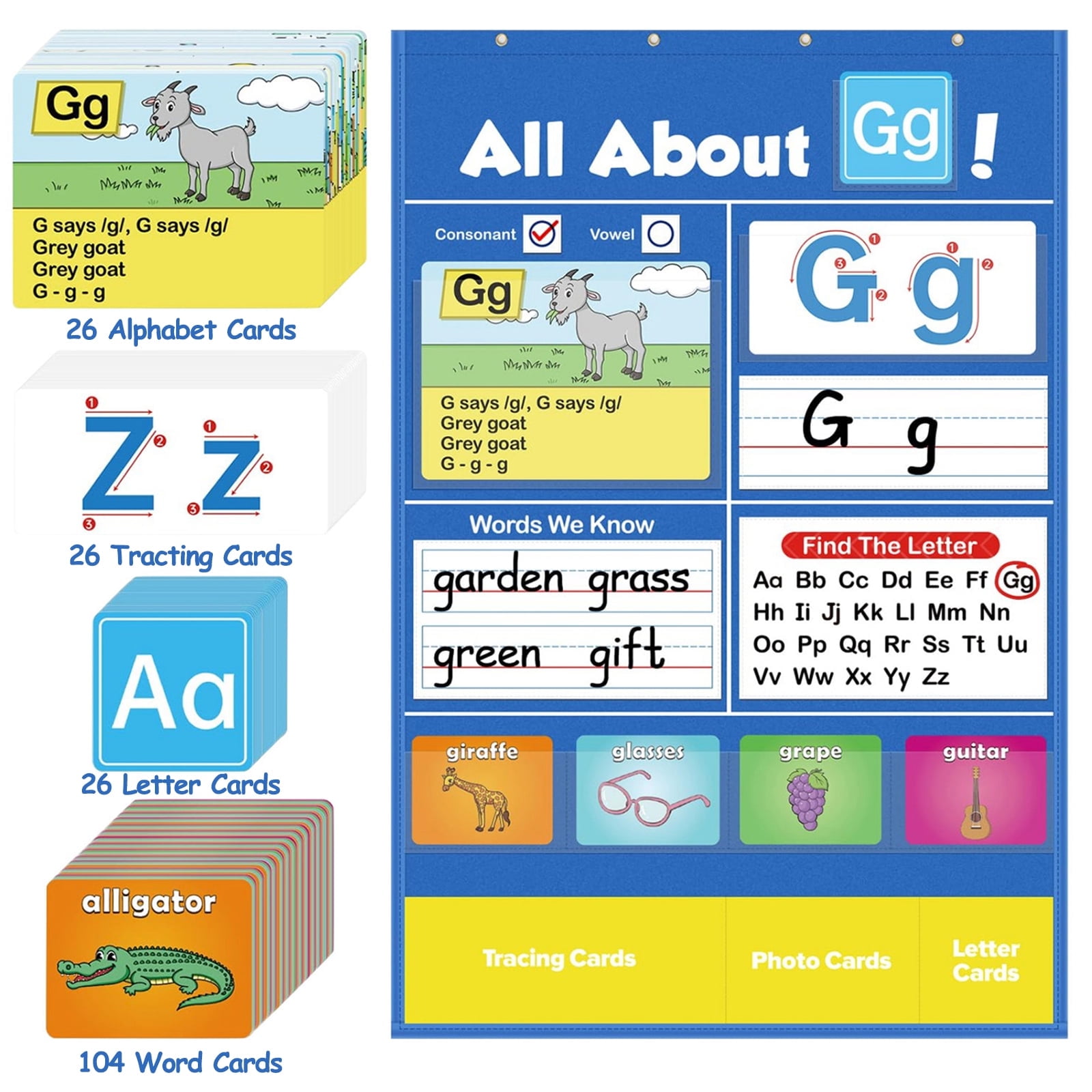 Supbessel Alphabet Flash Cards Pocket Chart - ABC Letter Wall Chart for Toddlers - Preschool ...