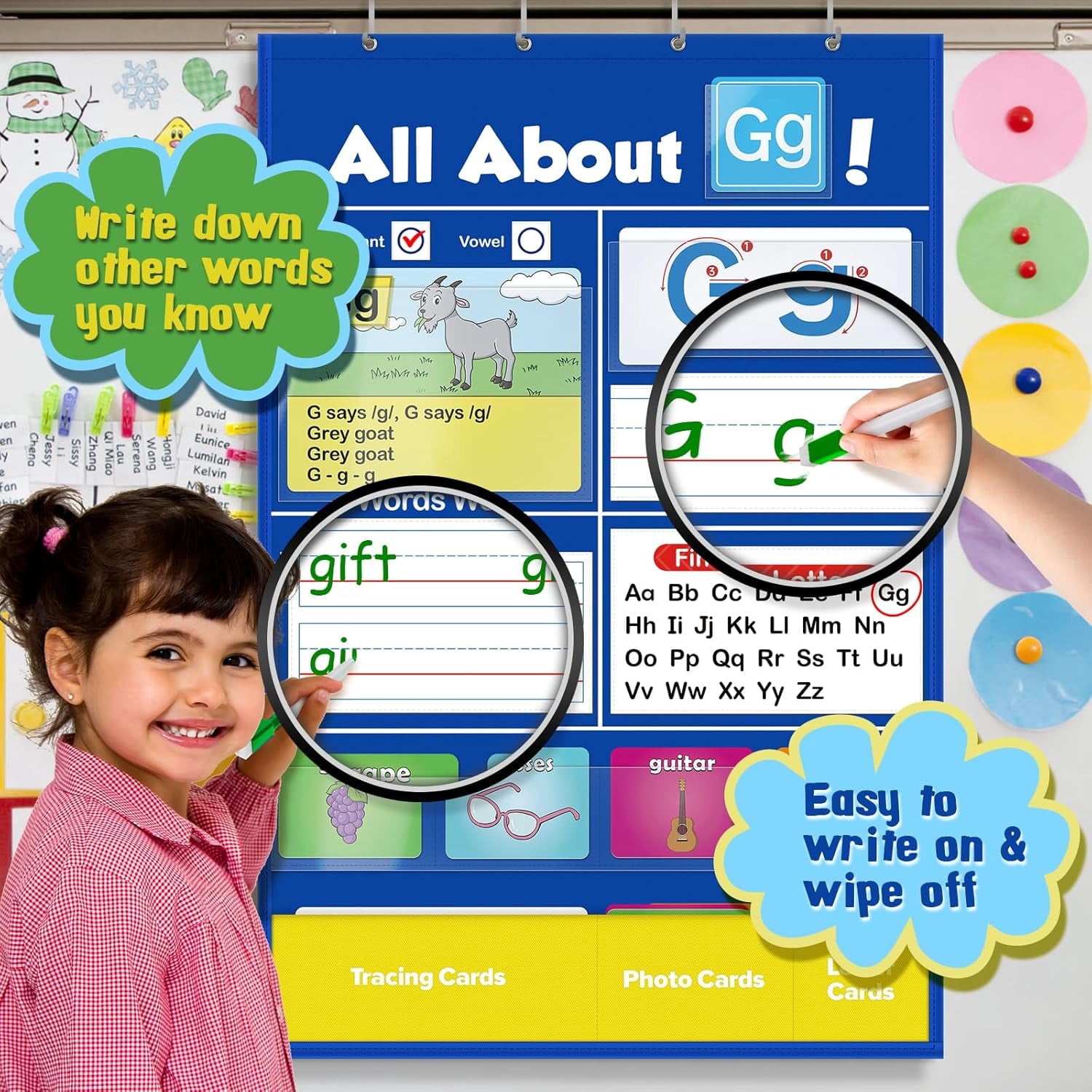Alphabet Learning Pocket Chart - ABC Wall Chart with Flash Cards ...