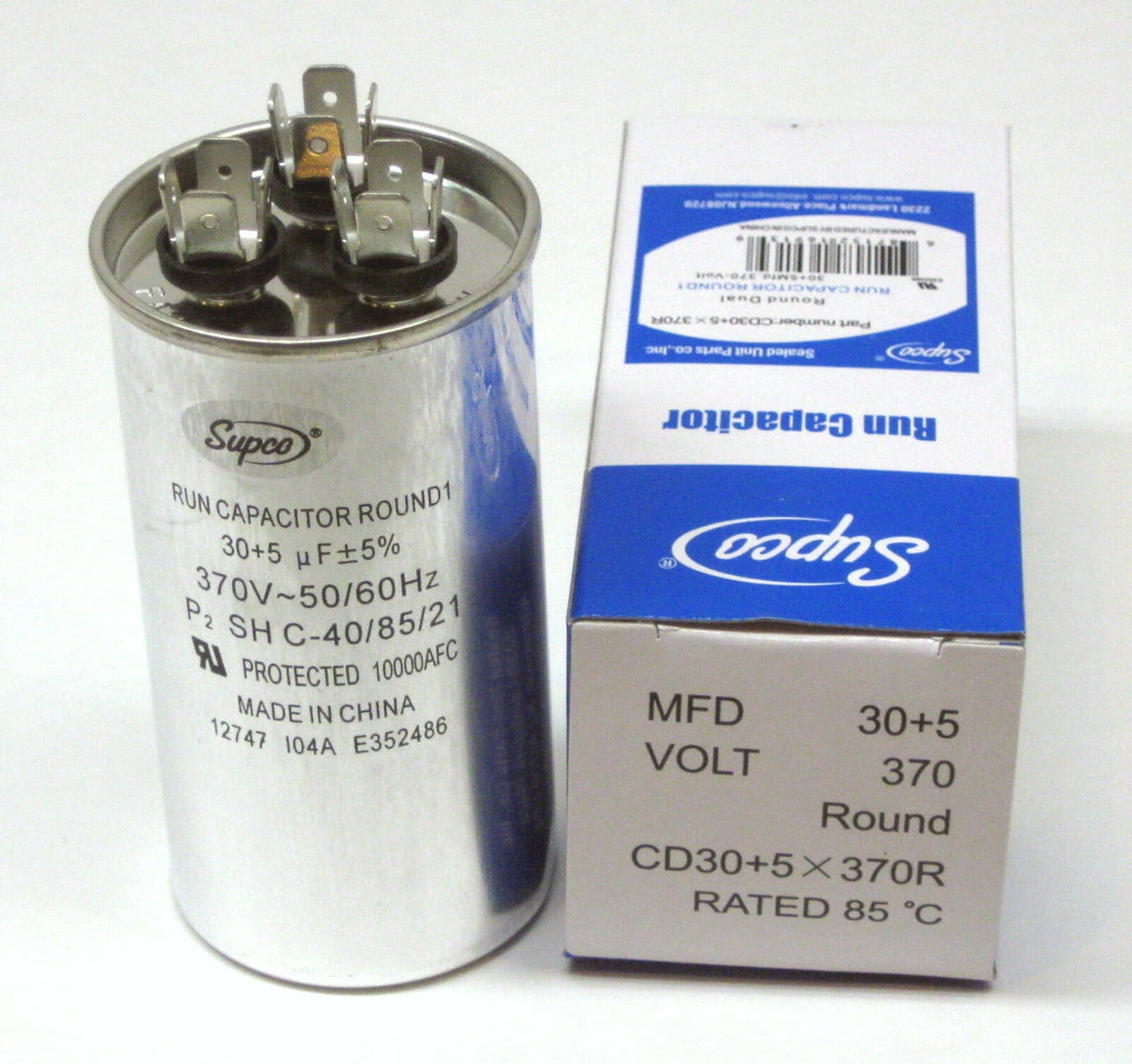 Supco CD30+5X370R Supco CD30+5X370R HVAC Motor Round Dual Run Capacitor 30 + 5 MFD 370 Volts ...