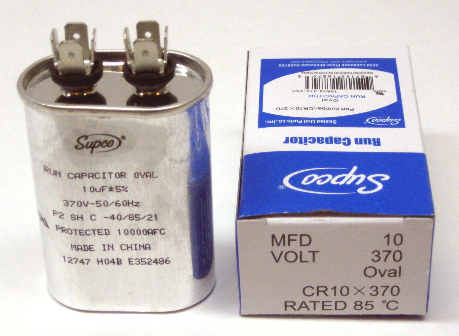 Supco CR10X370 Oval Run Capacitor, 10 MFD, 370 Volts, for HVAC Motors ...