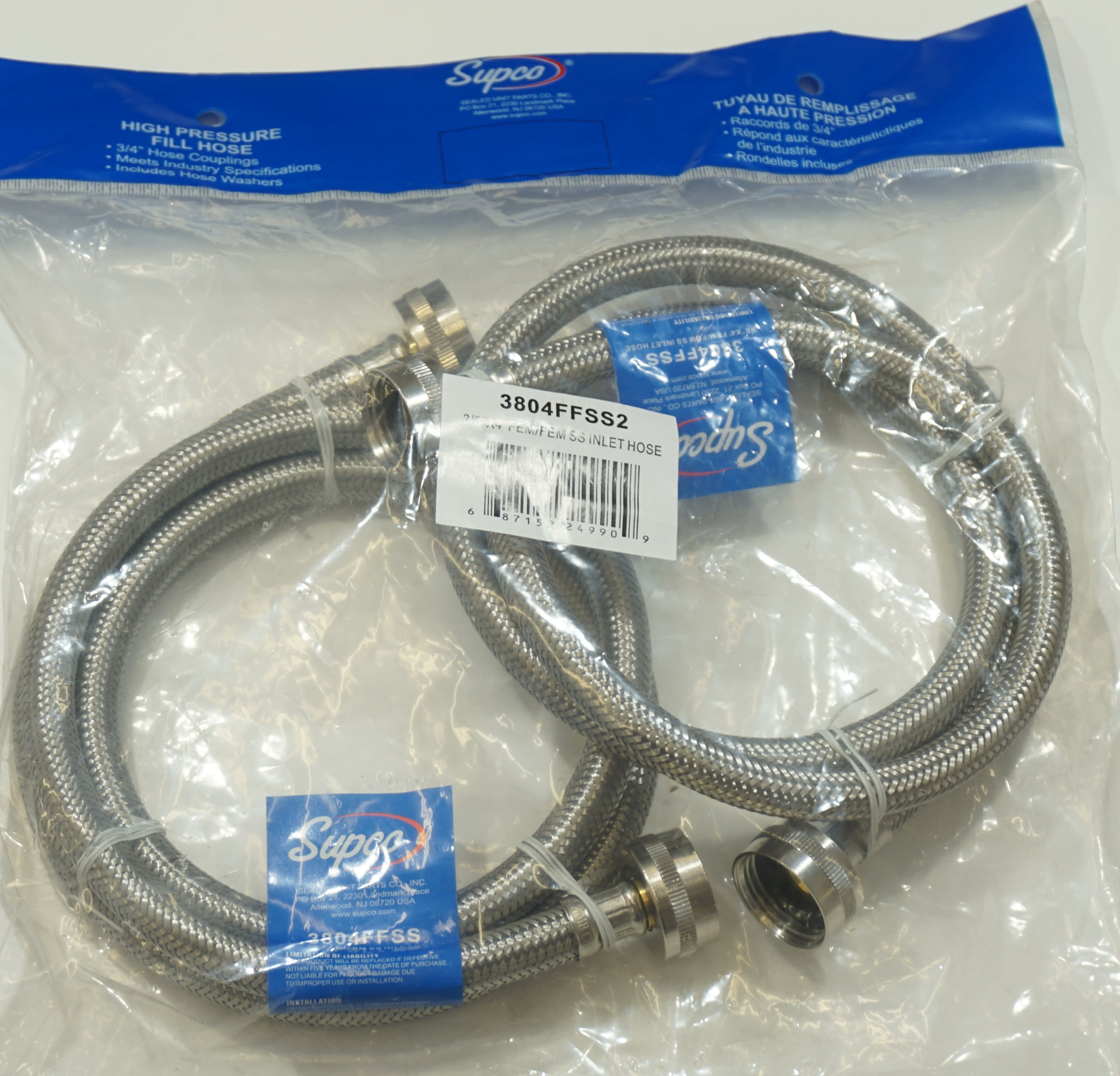 Supco ⅜" X 4' Stainless Steel Inlet Hose for Washers, Package of 2 ...