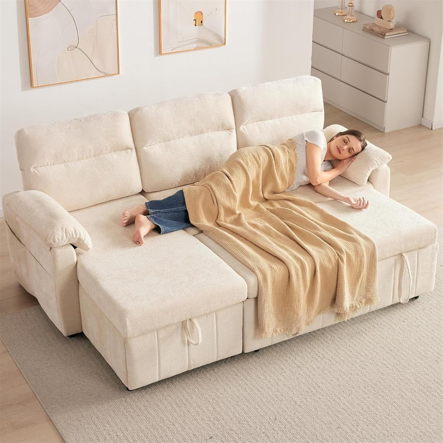 Supdeal 84’’ Sleeper Sofa Couch with Pullout Bed, 3 in 1 Cloud Sofa Bed Couch with USB & Storage ...