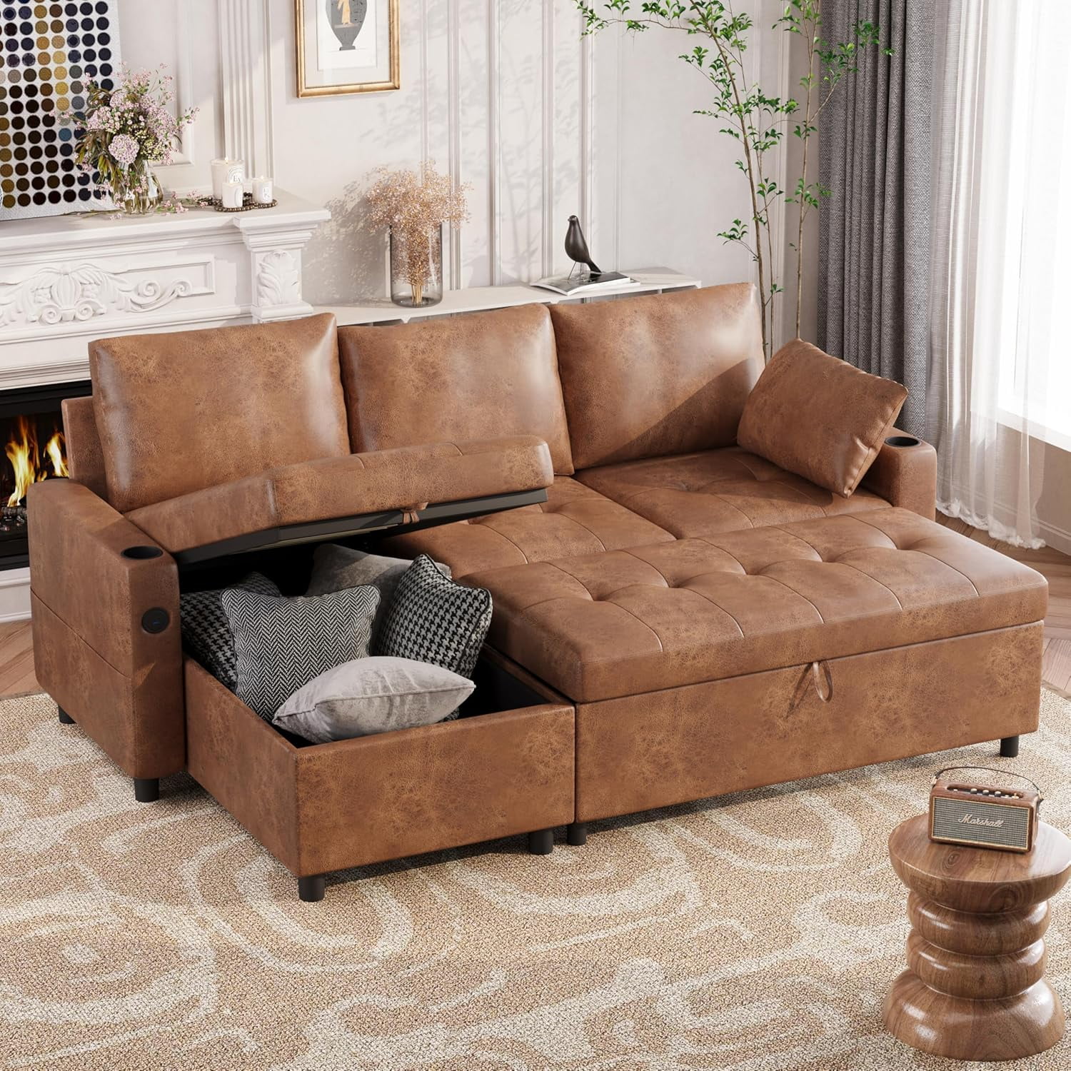 Supdeal Sleeper Sofa Couch with Pullout Bed, Faux Leather Sofa Bed Pull ...