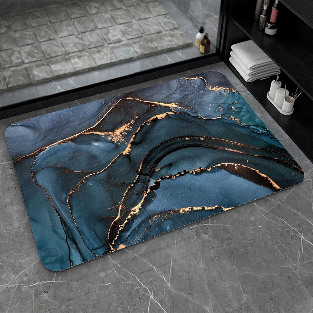 Super Absorbent Diatomaceous Earth Stone Bath Mat,Blue Gold Thread ...