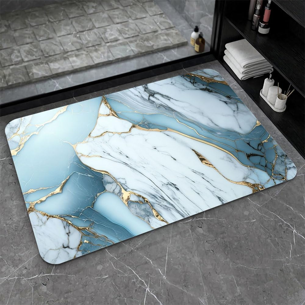 Super Absorbent Diatomaceous Earth Stone Bath Mat，Blue with Gold Marble ...