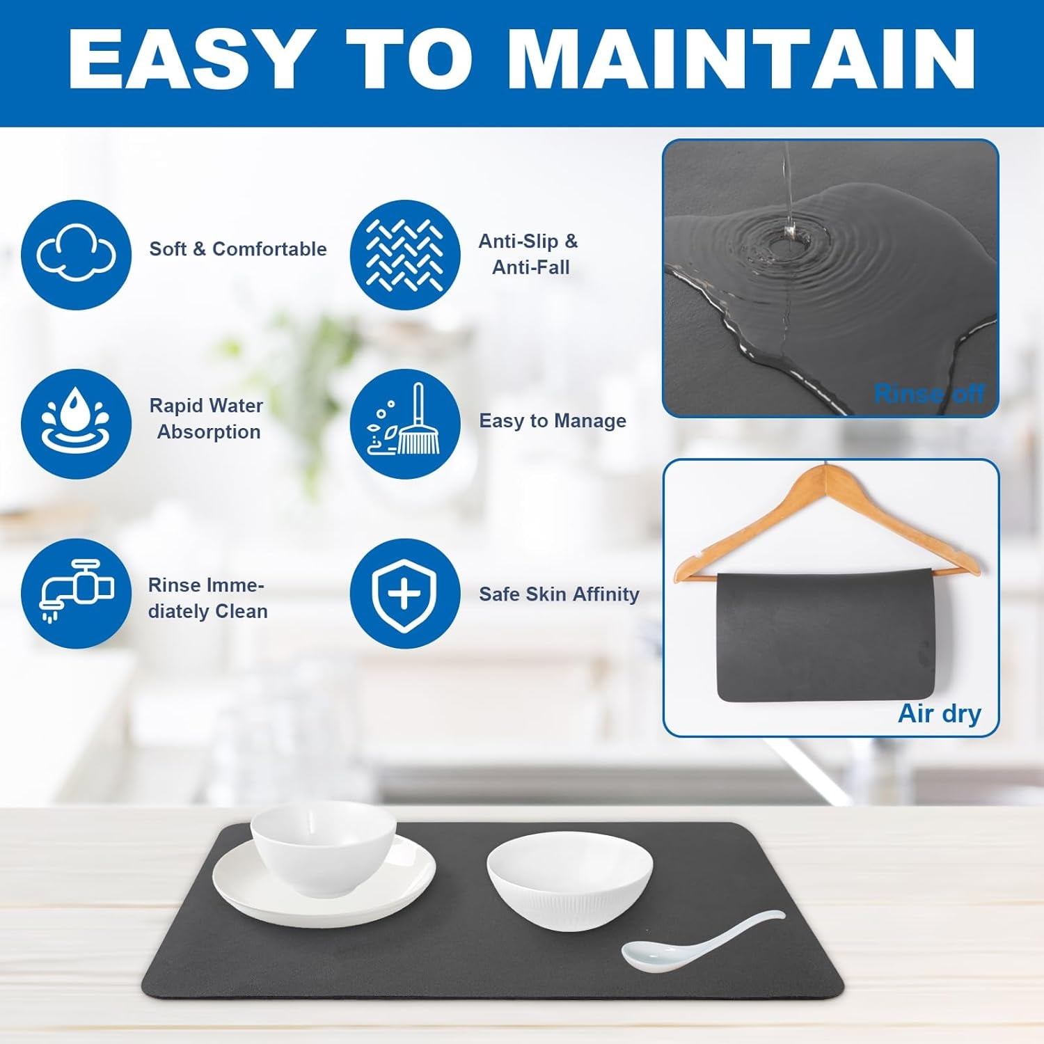 Super Absorbent Large Grey Kitchen Drying Mat - Efficient Premium Mat ...