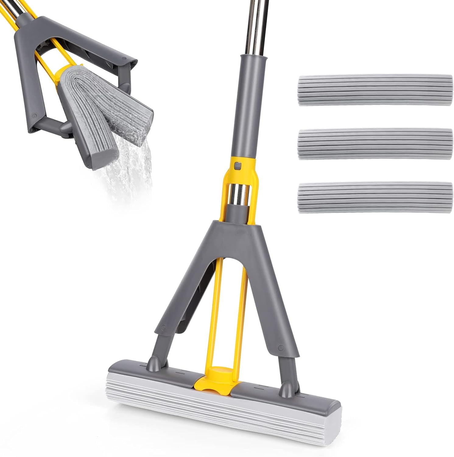 Super Absorbent Sponge Mop with 3 Refills - Easy Squeeze Roller Mop for ...