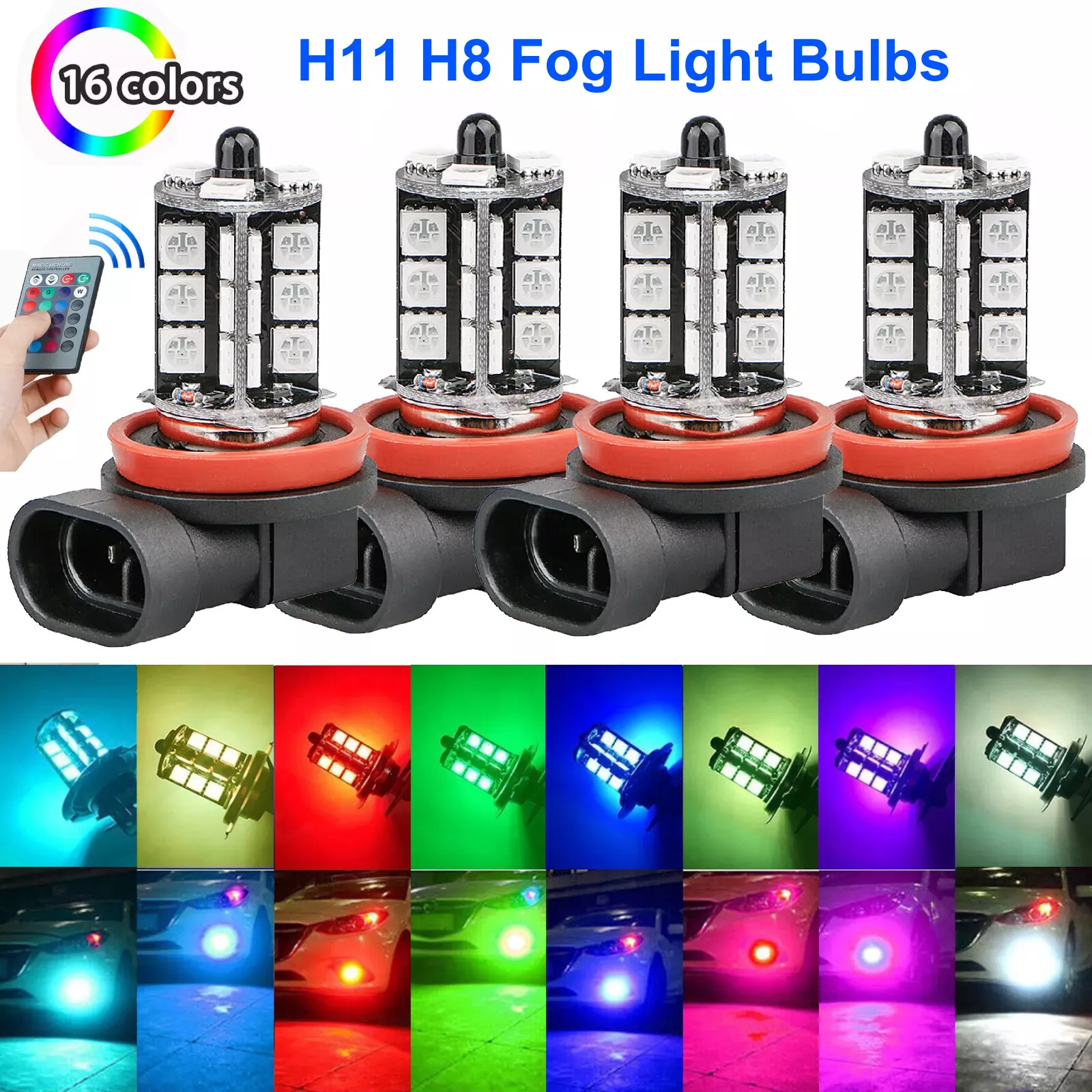 Super Bright H11 H8 LED Fog Light Bulbs Wireless Remote 16 Colors RGB ...
