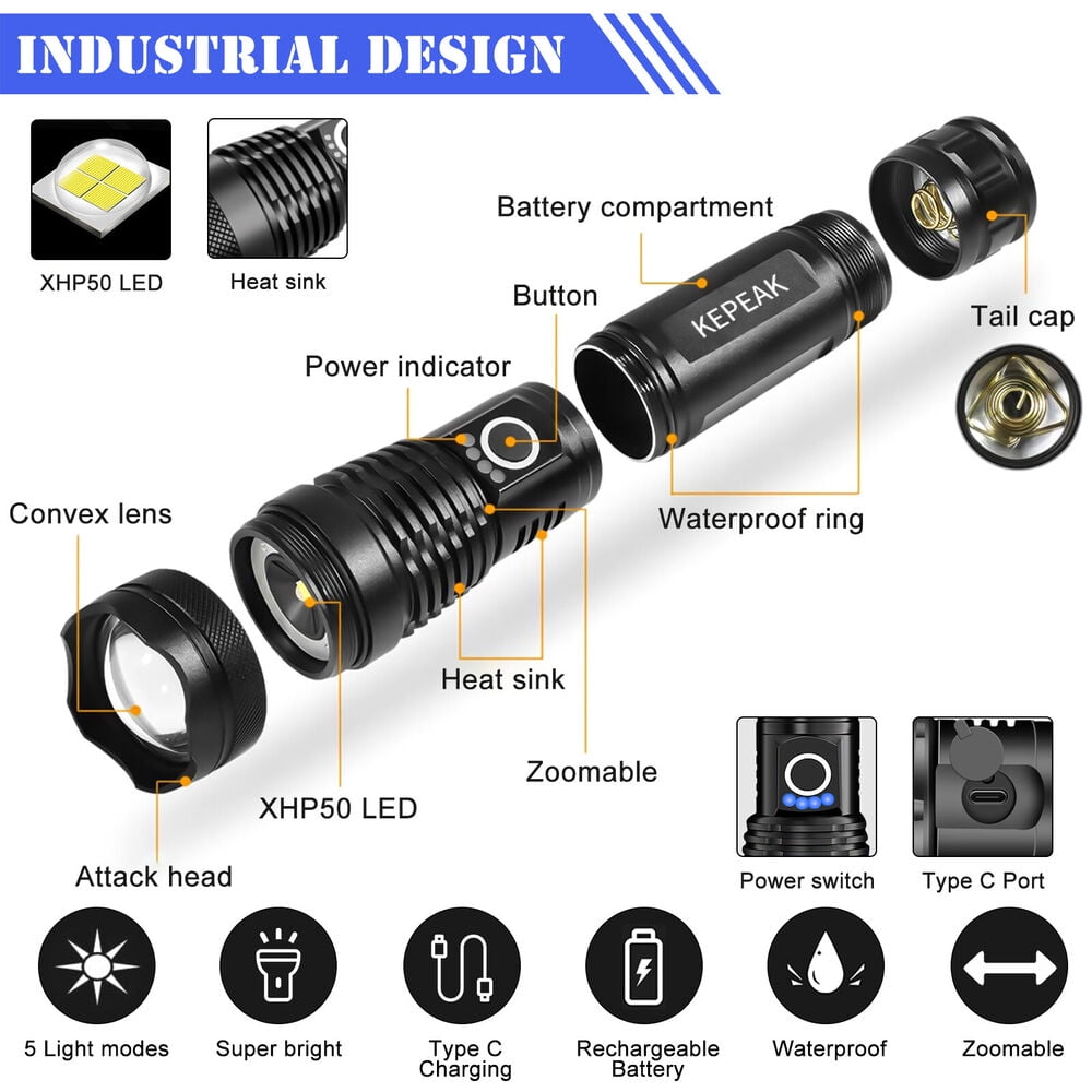 Super Bright LED Tactical Flashlight 1000000 Lumens Rechargeable LED ...