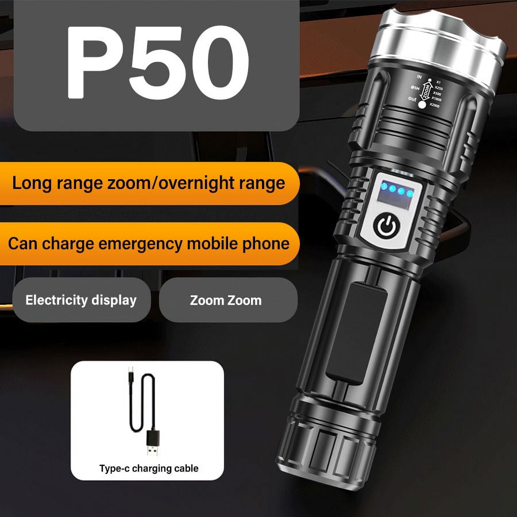 Super Bright P50 LED Flashlight USB Rechargeable Tactical Zoom Waterproof Torch Lamp Camping ...