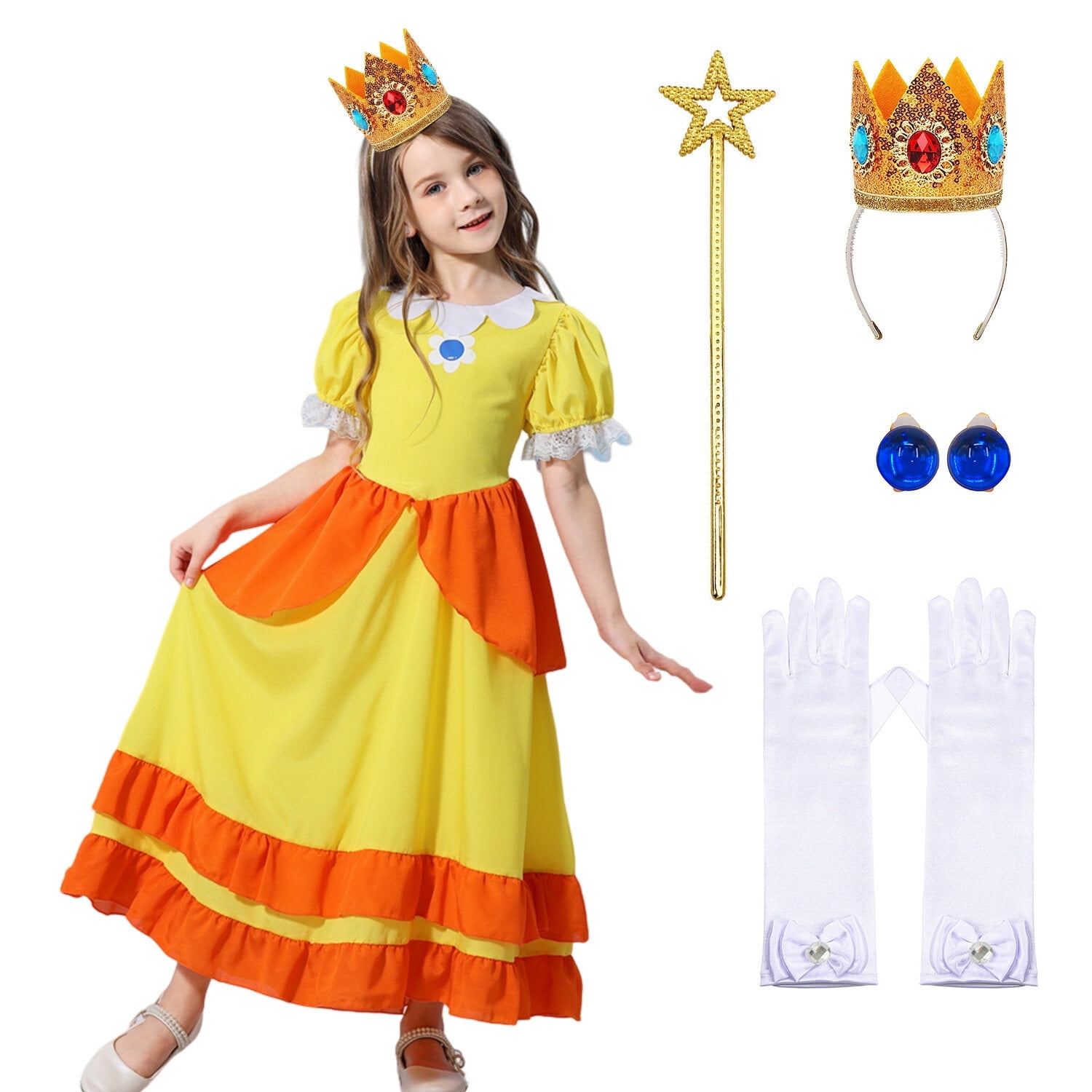 Super Bros Princess Peach Costume for Girls Birthday Halloween Christmas Cosplay Dress Up with ...