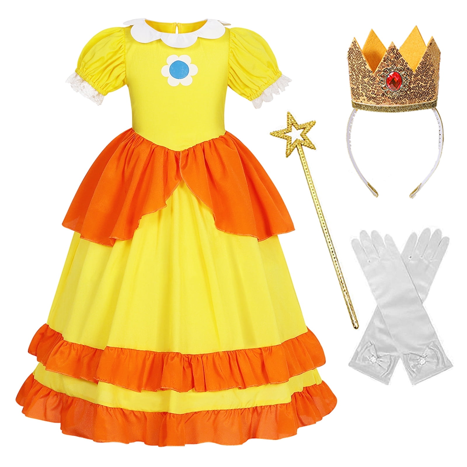 Girls Princess Daisy Costume Set, Kids Halloween Fancy Dress Crown ...