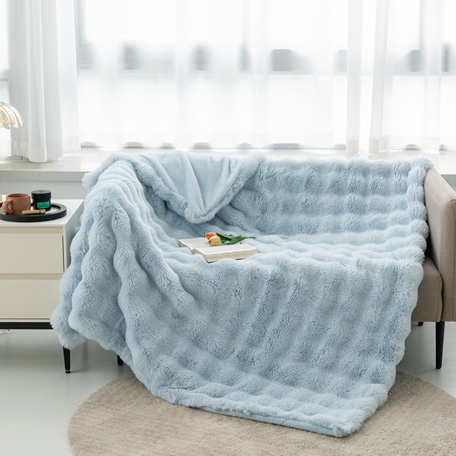Super Cozy Soft Fluffy Ribbed Faux Fur Throw Blanket, 50" W x 60" L ...