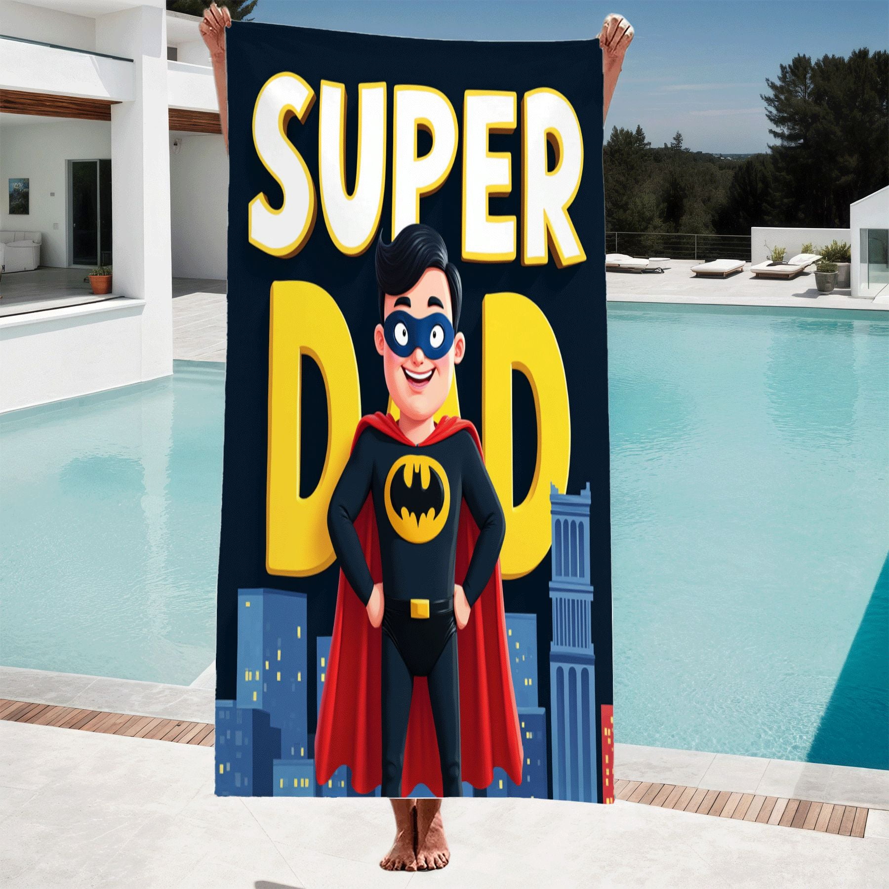 Super Dad Cartoon Beach Towel - Vibrant Design with in Black Suit Red ...