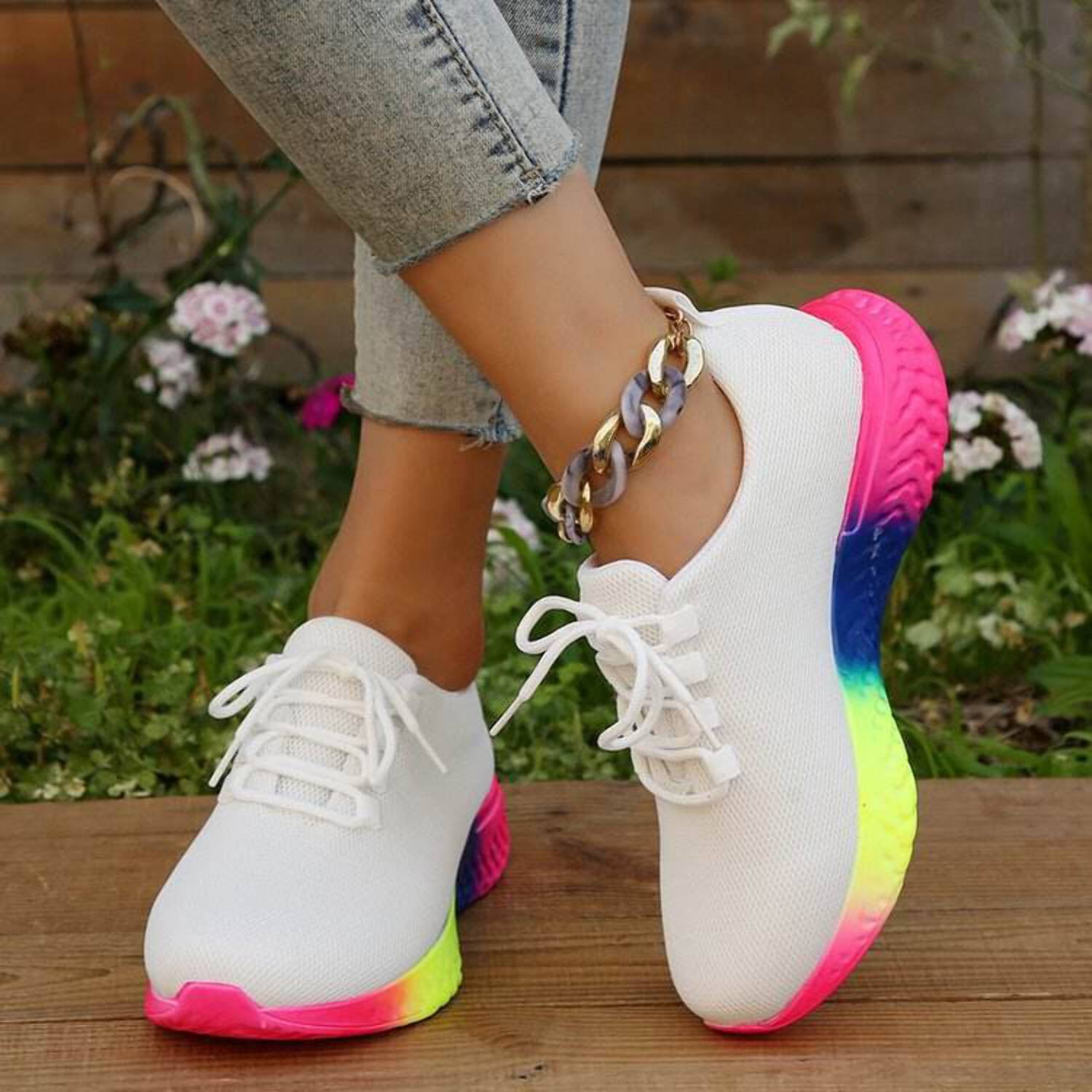 lace-up-mesh-shoes-with-rainbow-sole-design-fashion-walking-running ...