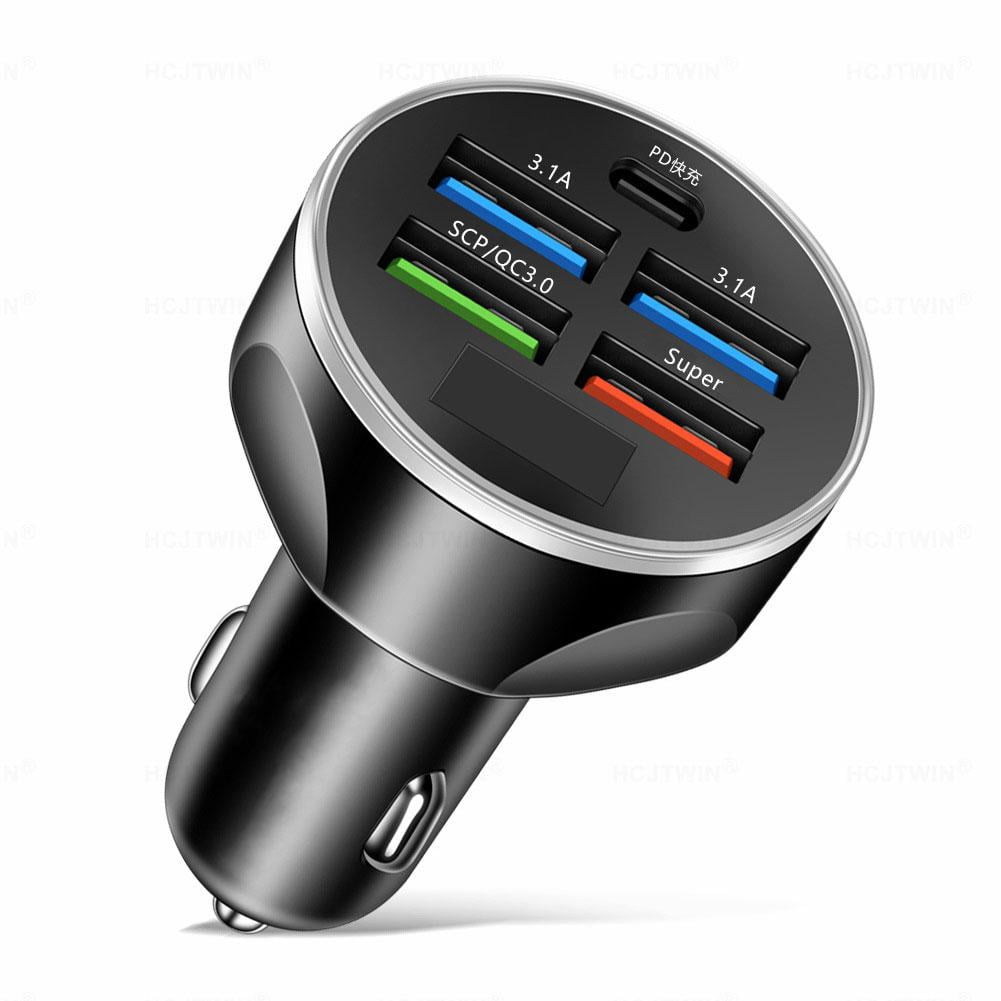 Super Fast Charging 5 in 1 Multi Port Car Phone Charger with Display ...