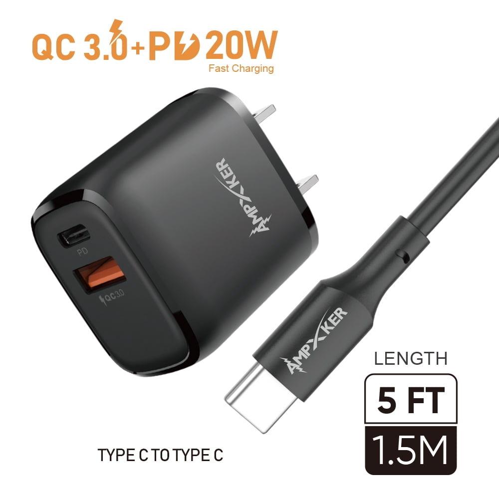 Super Fast Wall Charger and Type C to Type C Cable, QC 3.0 + PD 20W ...