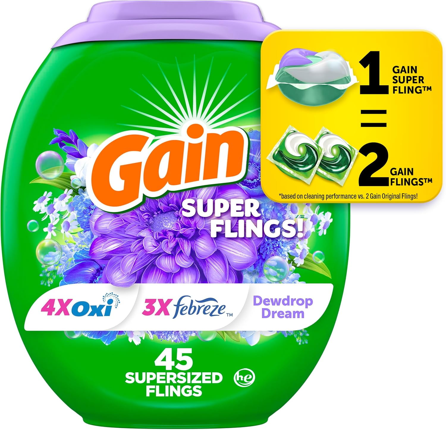 Super Flings Laundry Detergent Pacs, 45 Count, Dewdrop Dream scent ...