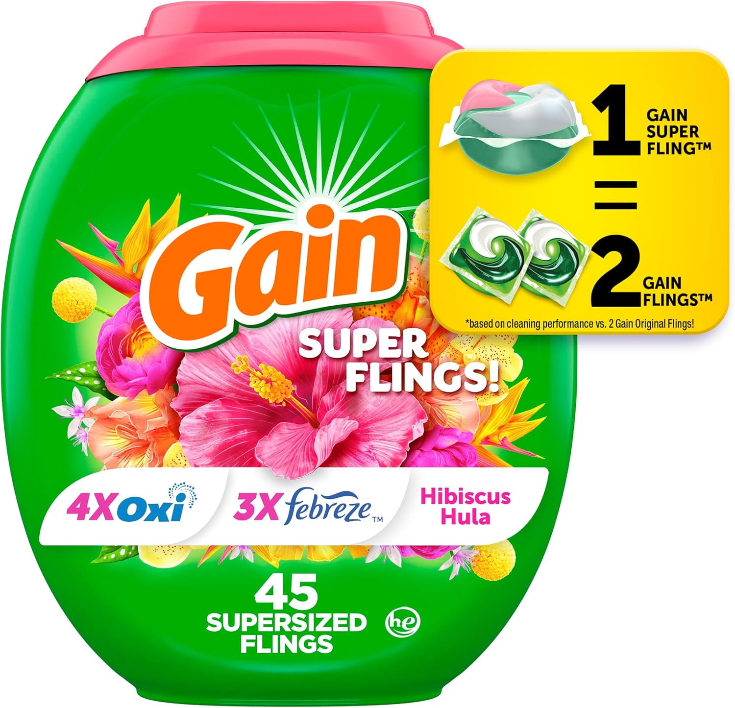 Super Flings Laundry Detergent Pacs, 45 Count, Hibiscus Hula scent ...