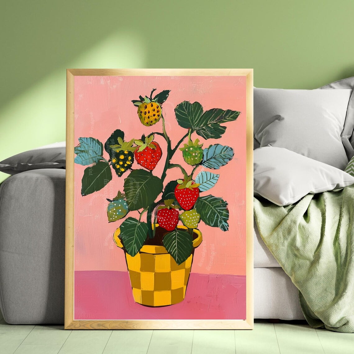 Super Funky Strawberry Plant Print - Pink Decor - Checkerboard Print ...