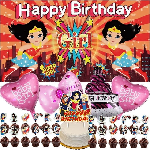 Super Hero Girl Party Supplies Decorations Birthday Cake Topper Banner ...