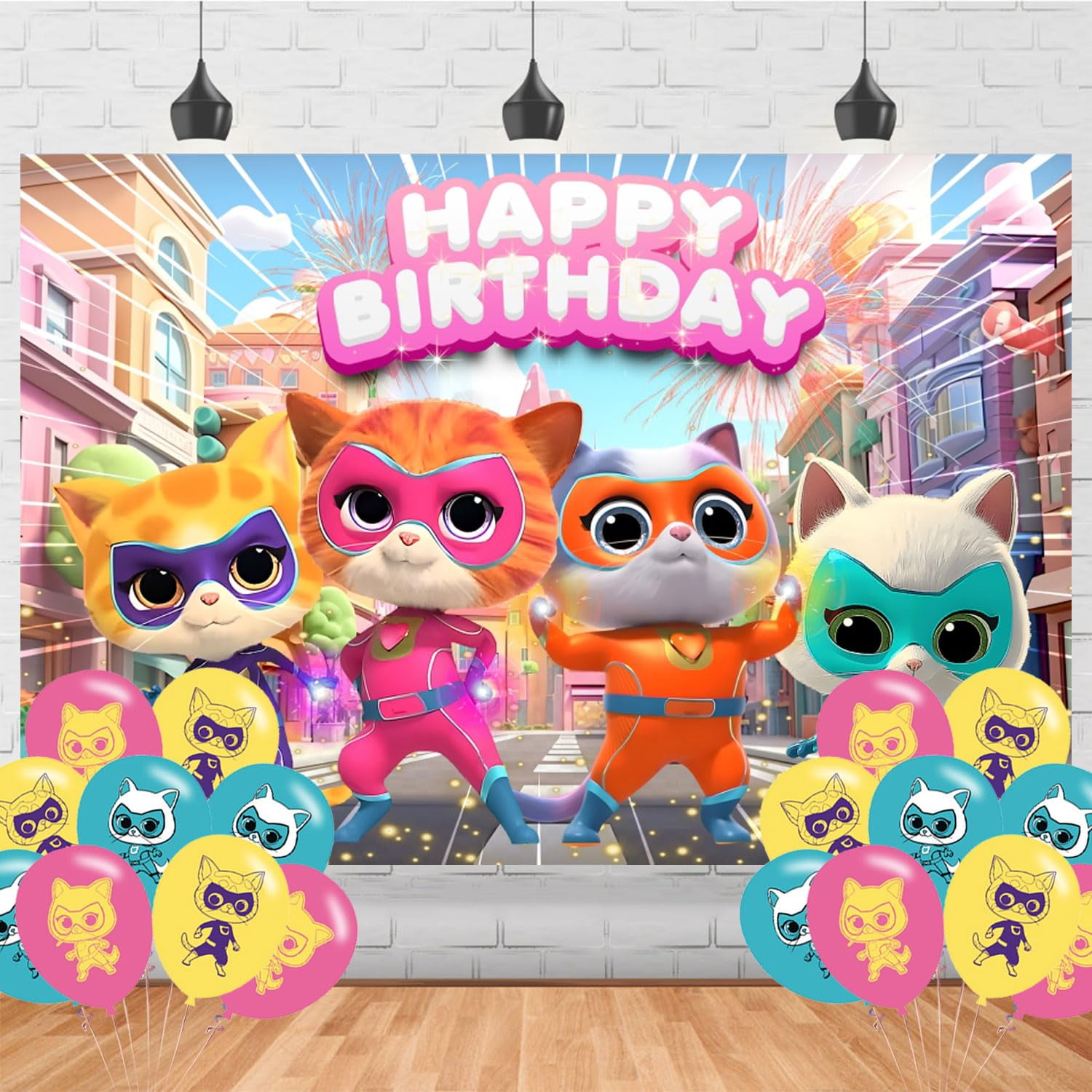 Super Kitties Birthday Party Backdrop Photo ZLK1 Background Cute Cartoon Cats Birthday Party ...