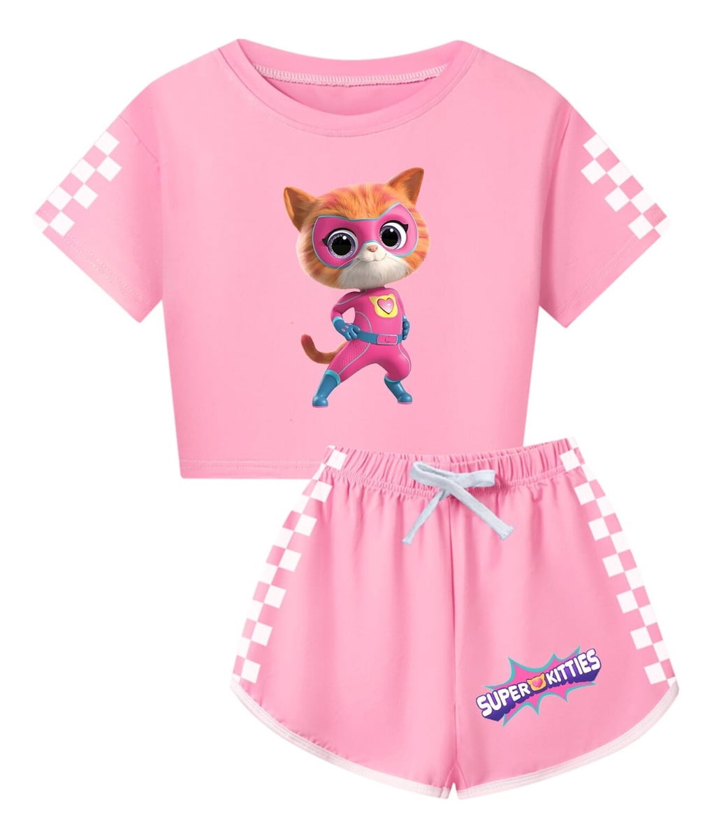 Super-Kitties Cartoon Cat Clothes for Girls – 2-Piece Short Sleeve Crop ...