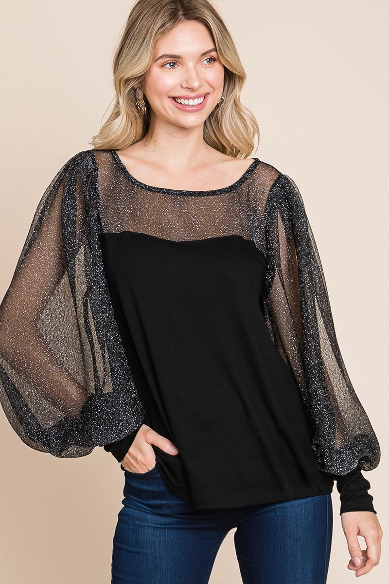 Super Lady Full Size Metallic Mesh Lantern Sleeve Blouse - Walmart.com