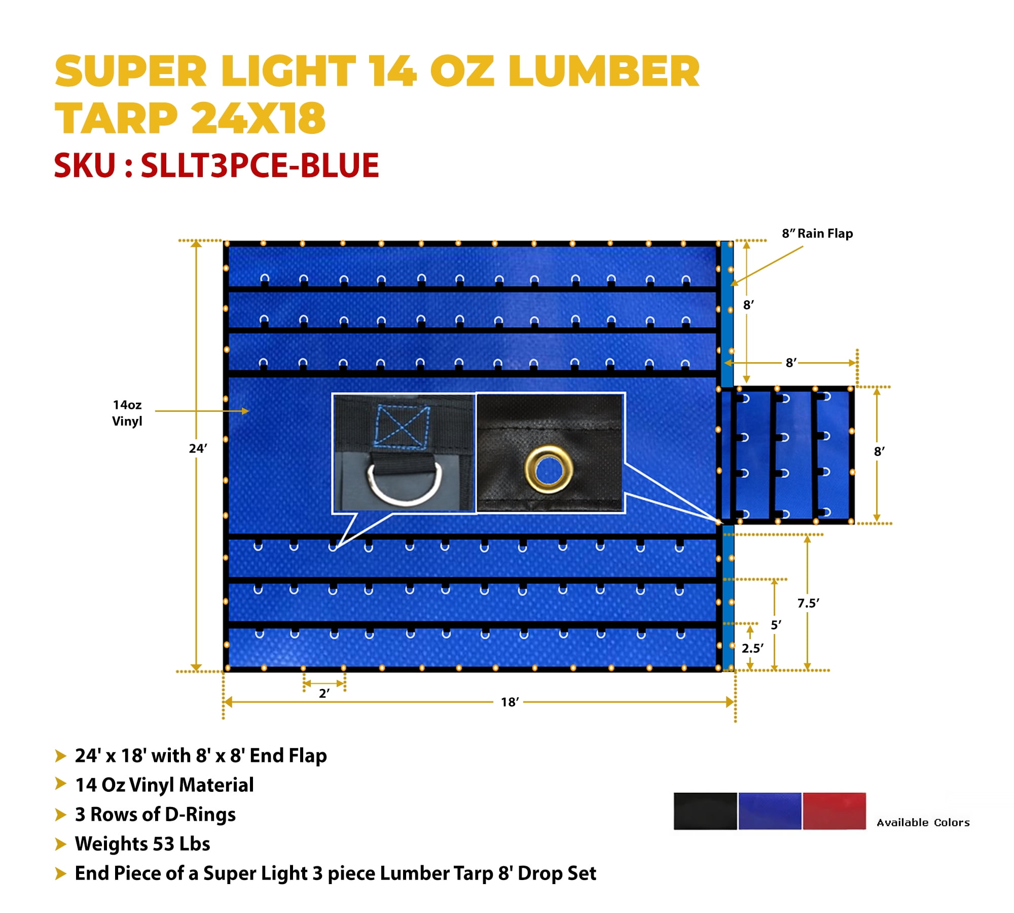 Super Light 14 Oz Lumber Tarp 24x18 (8' Drop with 8' x 8' Flap) - Blue ...