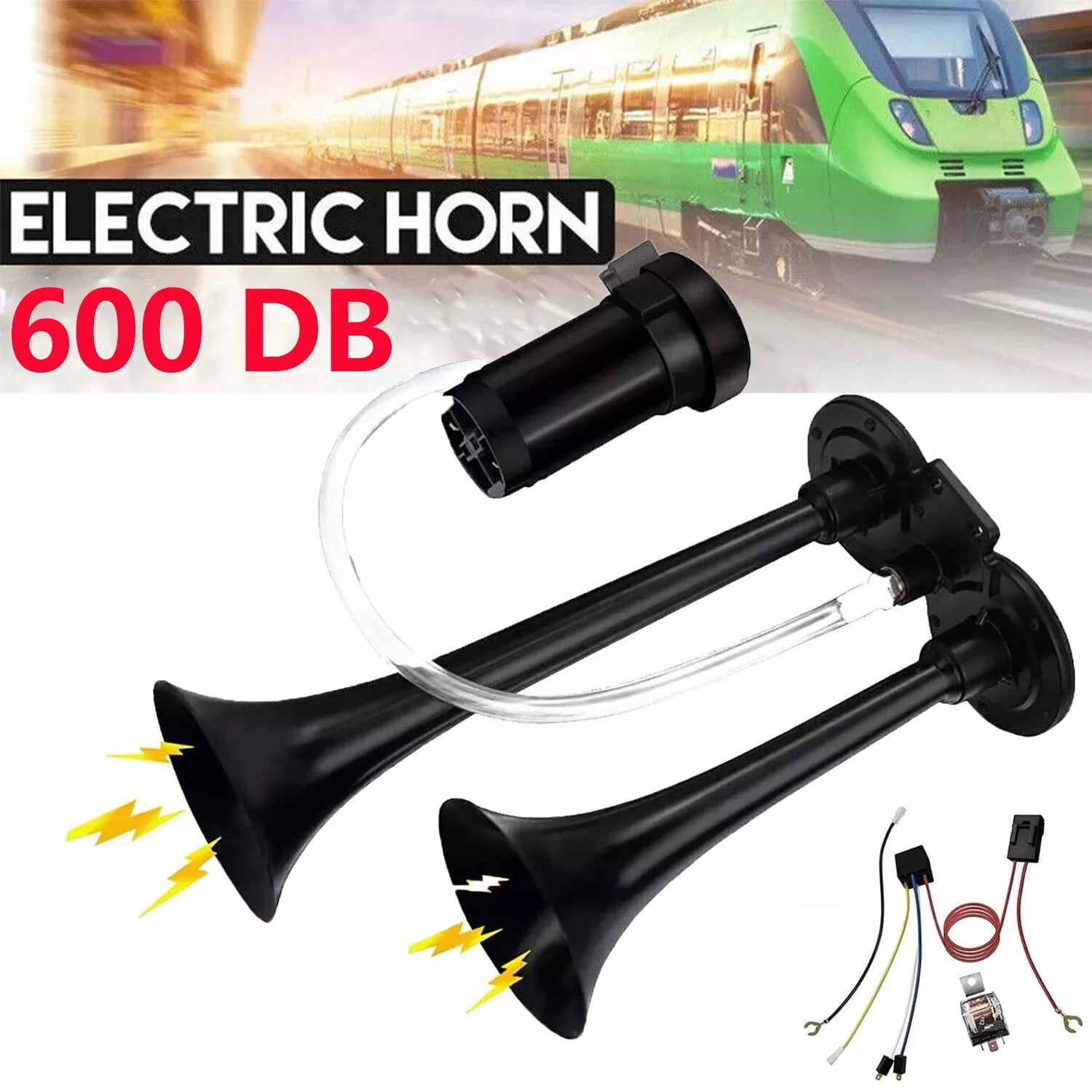 Super Loud Train Electric Air Horn 600DB Dual Trumpets Car Truck Boat ...