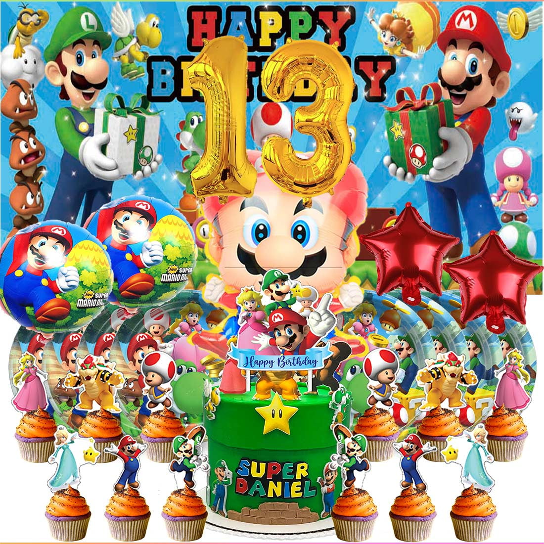 Super Mario 13th Tableware Balloons Cake Toppers Backdrop Banner ...
