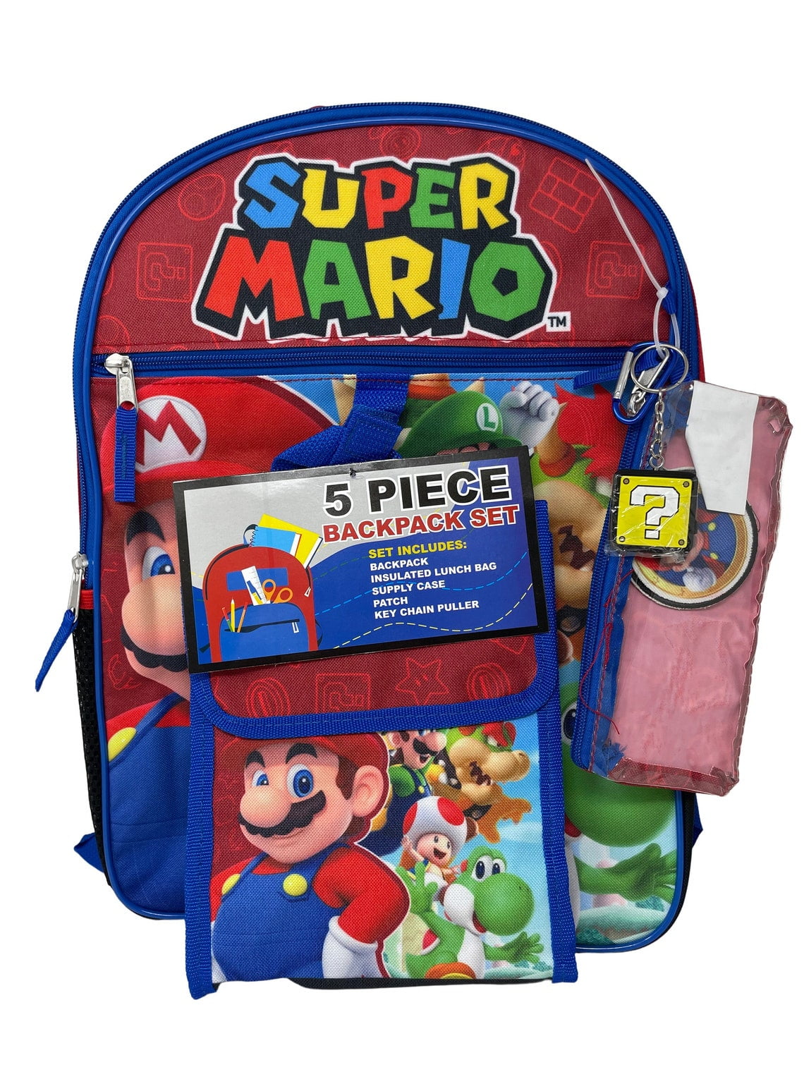 Super Mario 16" Backpack 5pc Set with Lunch Kit, Key Chain, Pencil Case ...