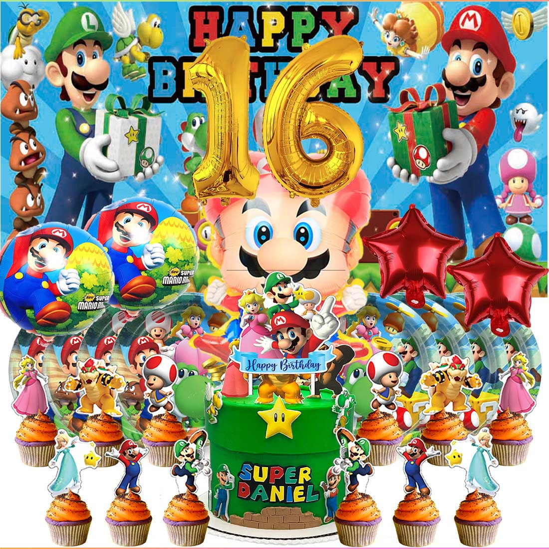 Super Mario 16th Tableware Balloons Cake Toppers Backdrop Banner ...