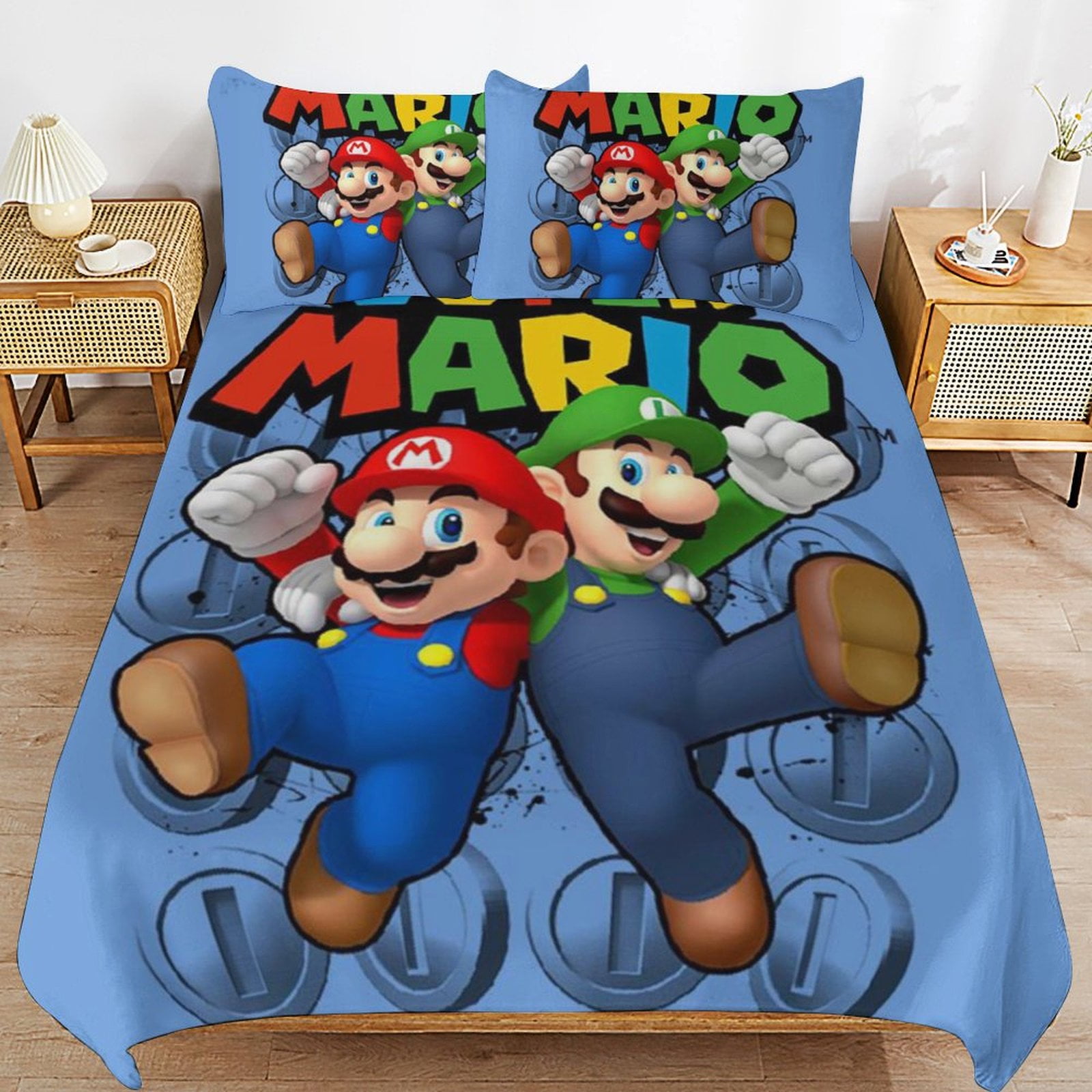 Super Mario 3 Pcs Bed Sheets Set Breathable Duvet Cover with 2 Pillow ...