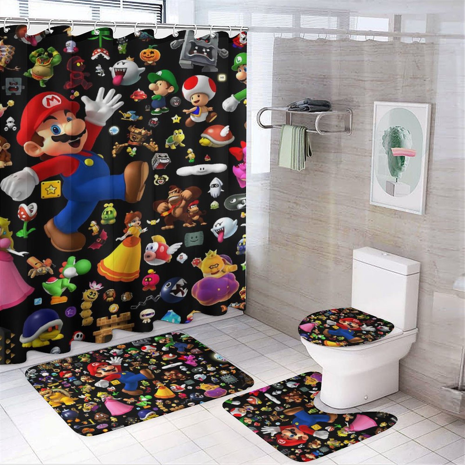 Super Mario 4 Piece Cartoon Shower Curtain Set Cassette Non-Slip Carpet ...