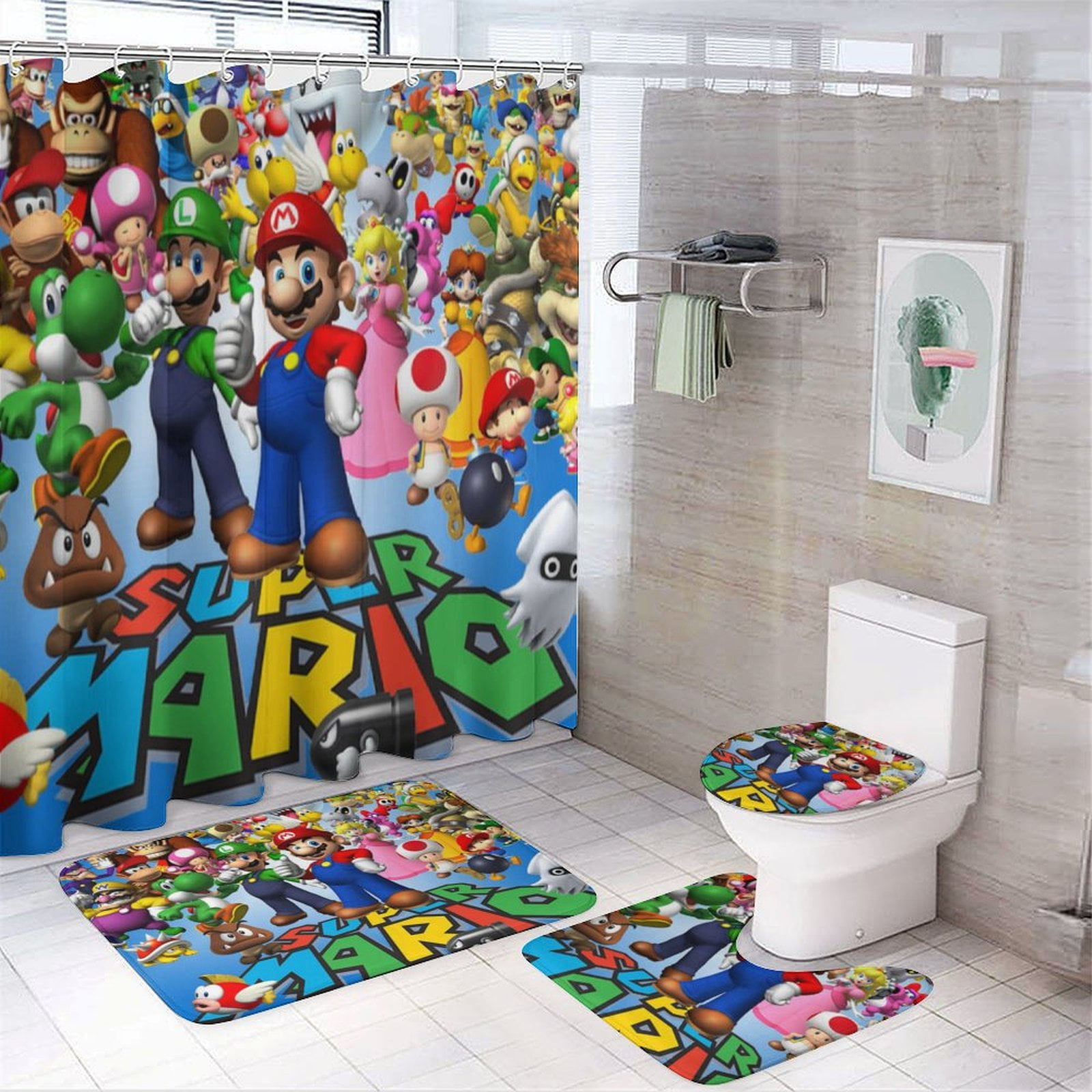 Super Mario B Shower Curtain Set with Rugs Toilet Lid Cover, Shower ...