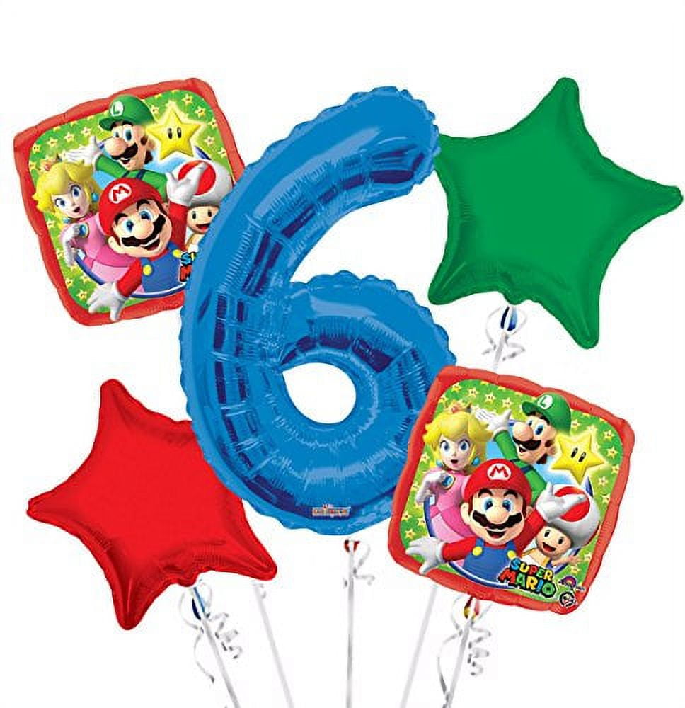 Super Mario 6th Birthday Balloon Bouquet - 5 pcs Party Supplies with ...