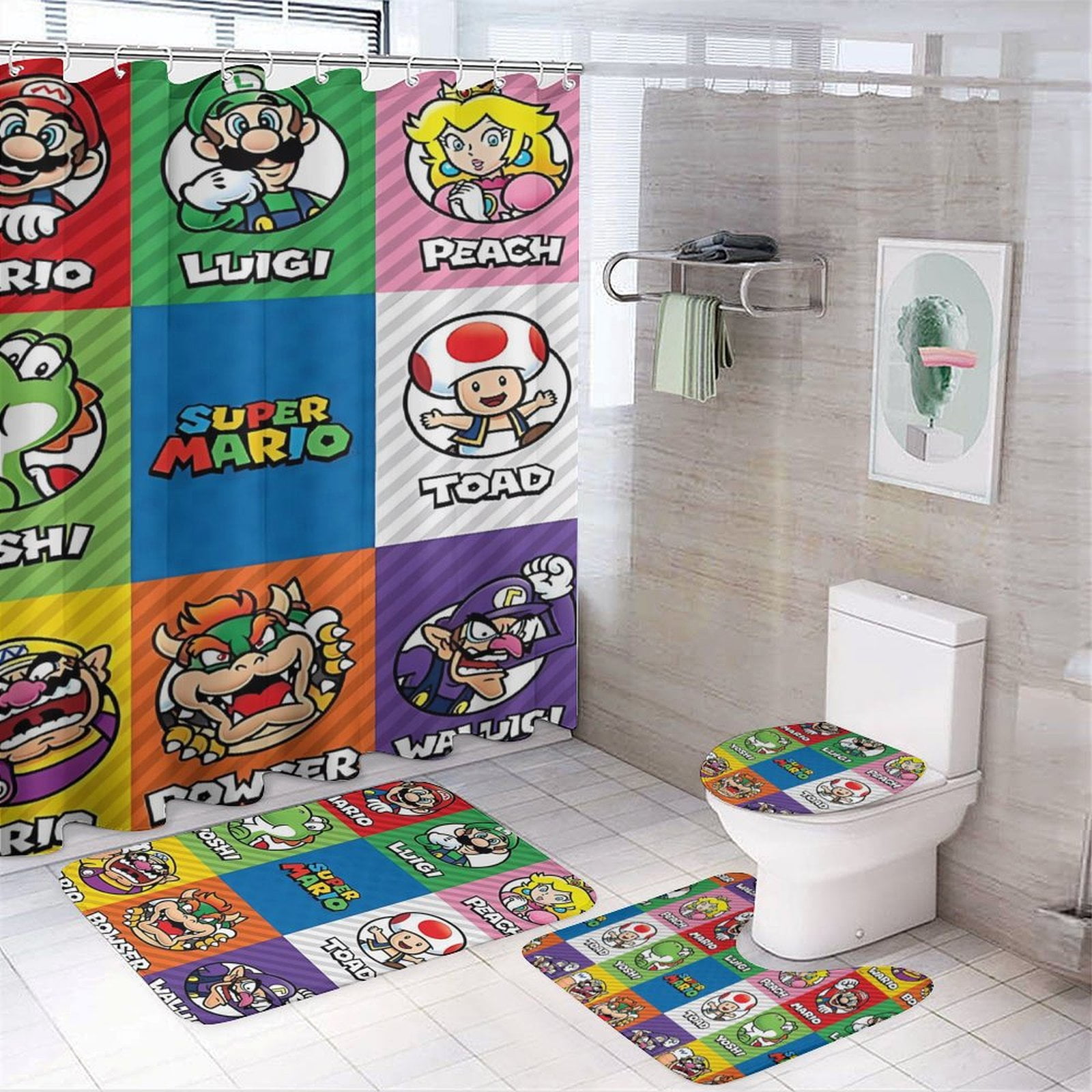 Super-Mario Bathroom Set - 4 Piece Shower Curtain Set with 72x72 inch ...